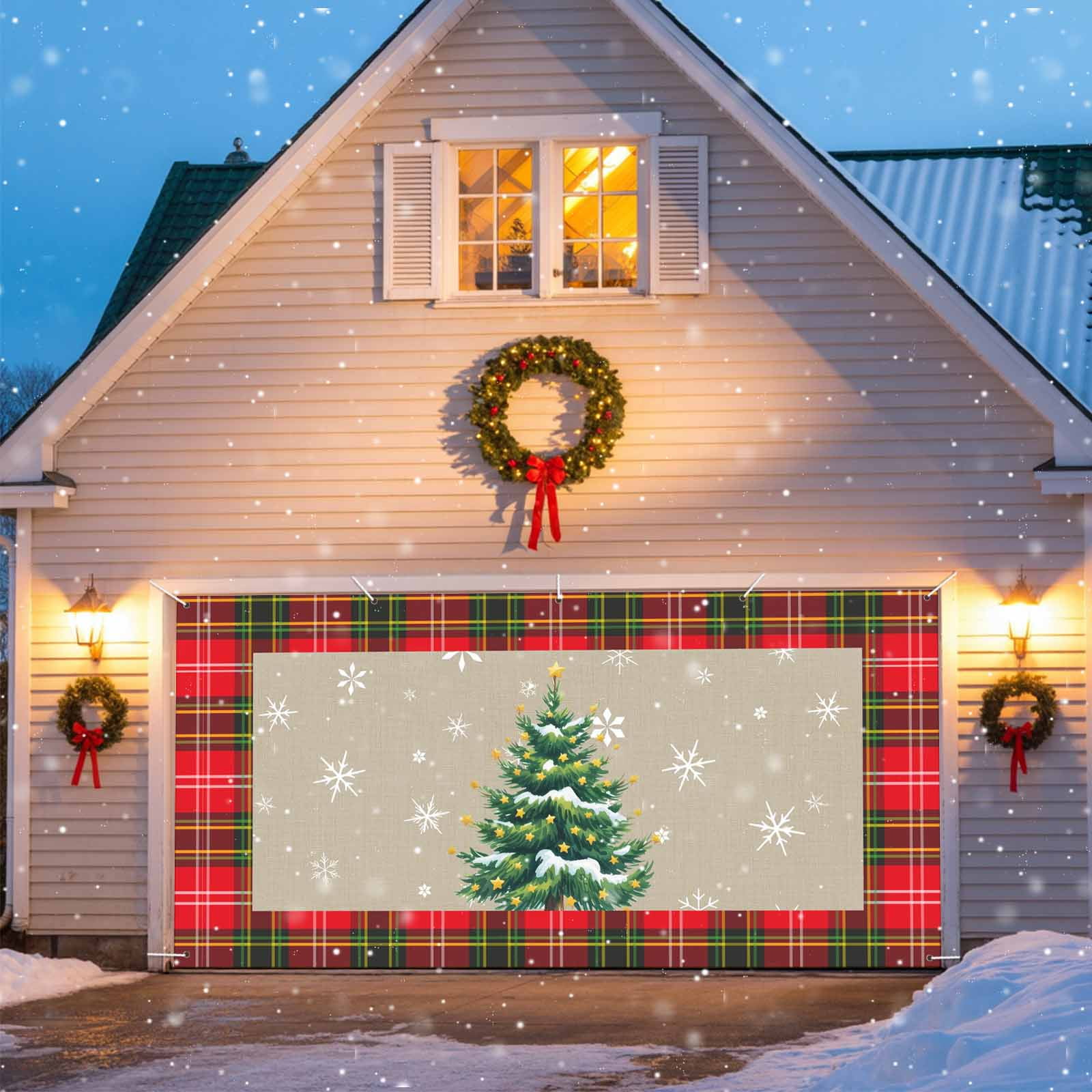 Green Christmas Tree Garage Door Banner Covers, Red Black Plaid Retro ...