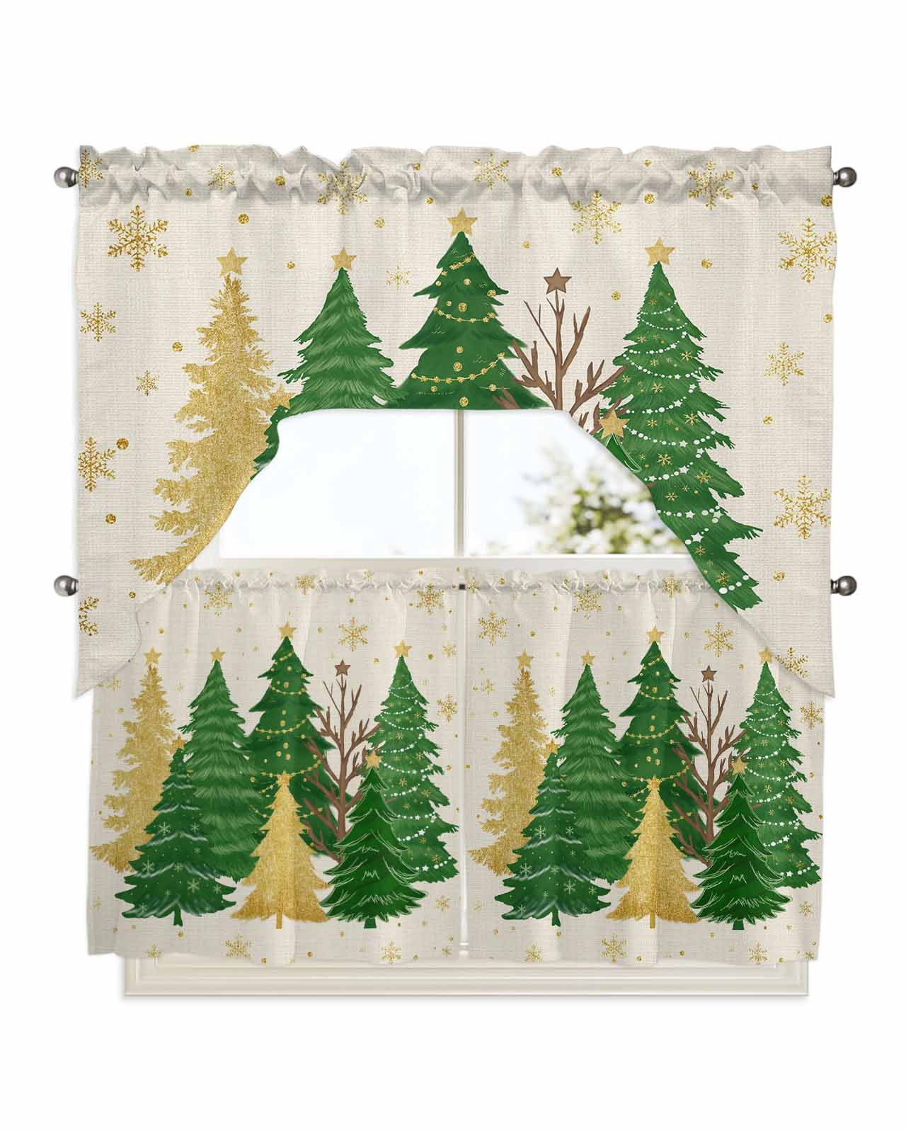 Green Christmas Tree Kitchen Curtains Swag Valance and Tier Curtains ...