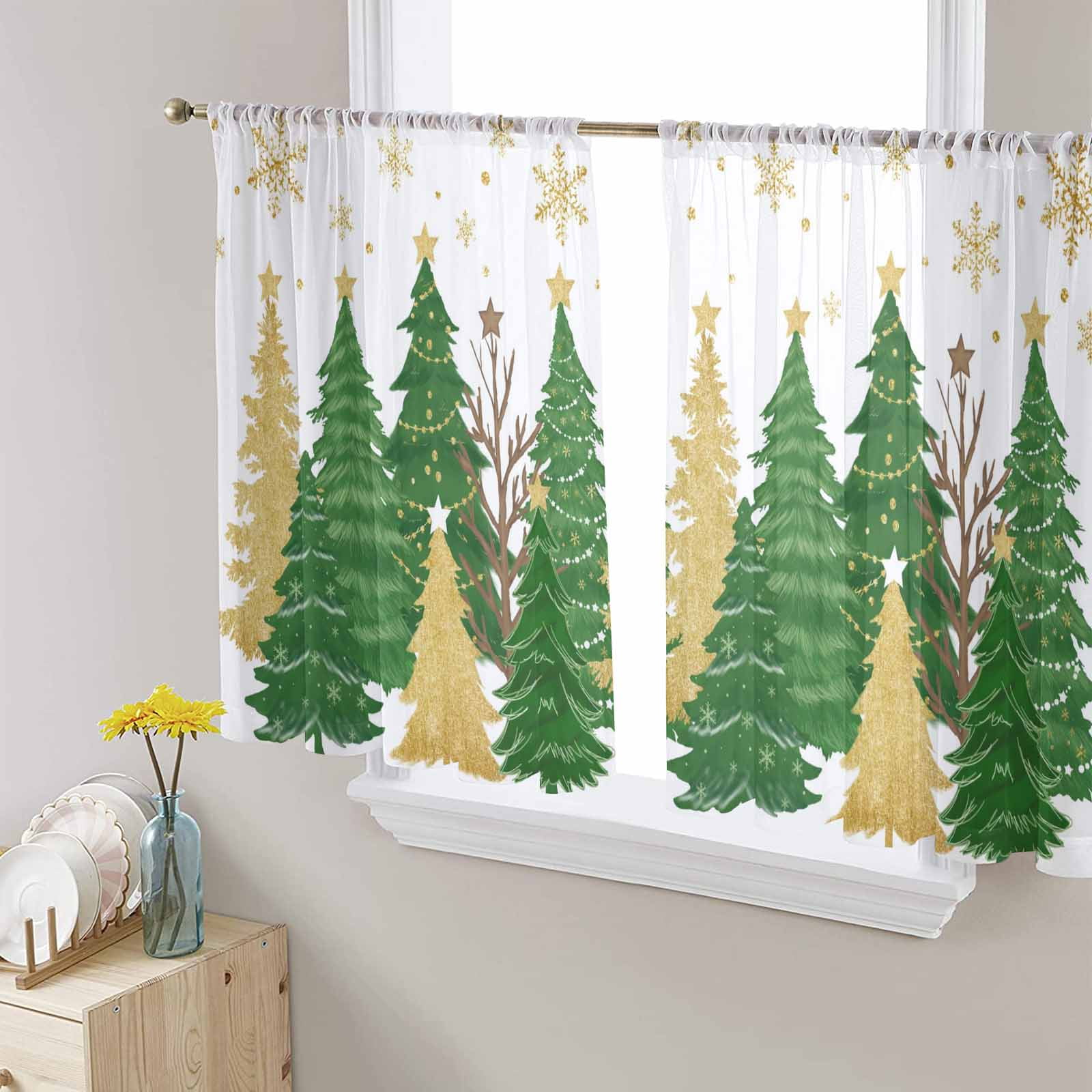 Green Christmas Tree Semi Sheer Curtains 45 Inch Length 2 Panels Set ...