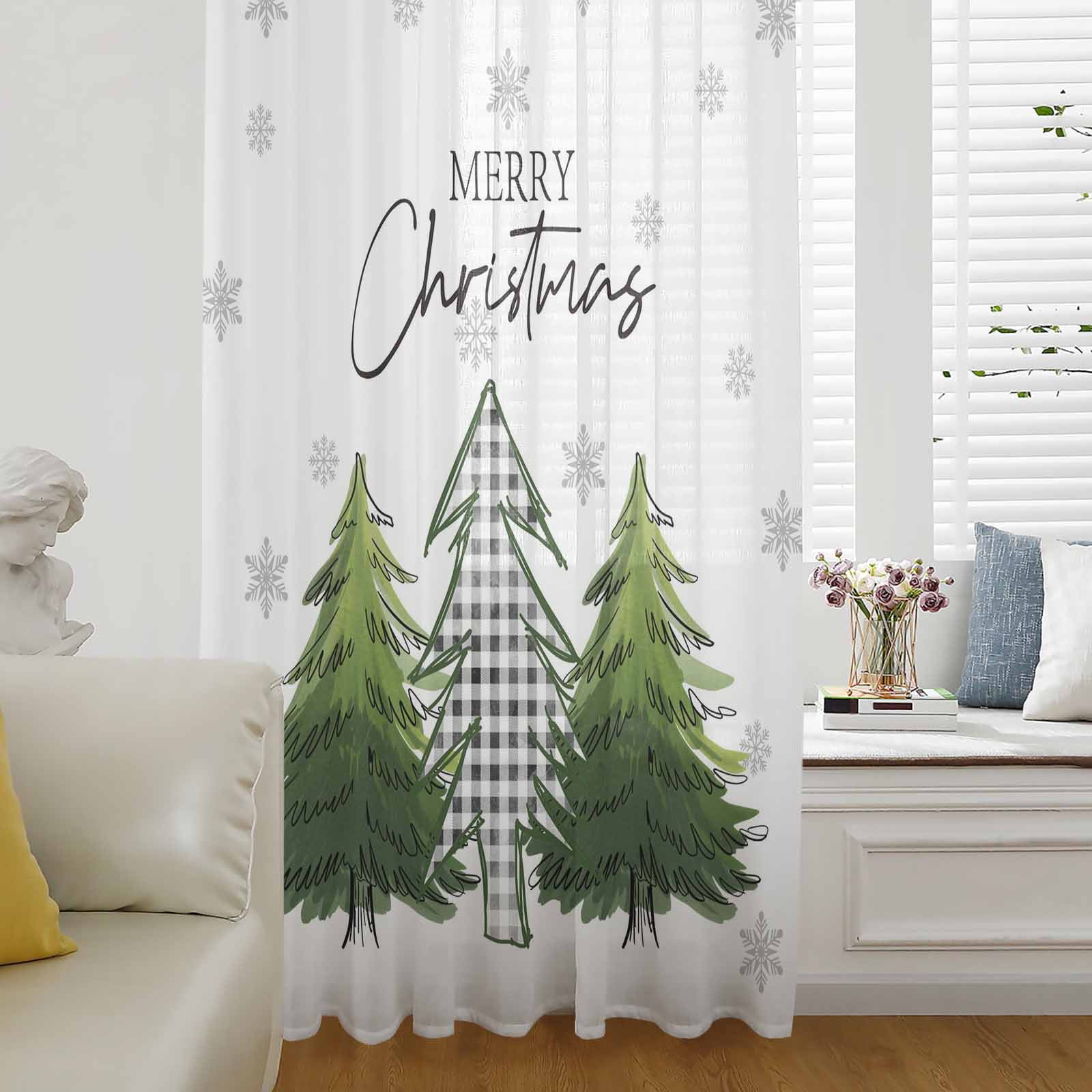 Green Christmas Tree Semi Sheer Curtains Drapes for Living Room ...