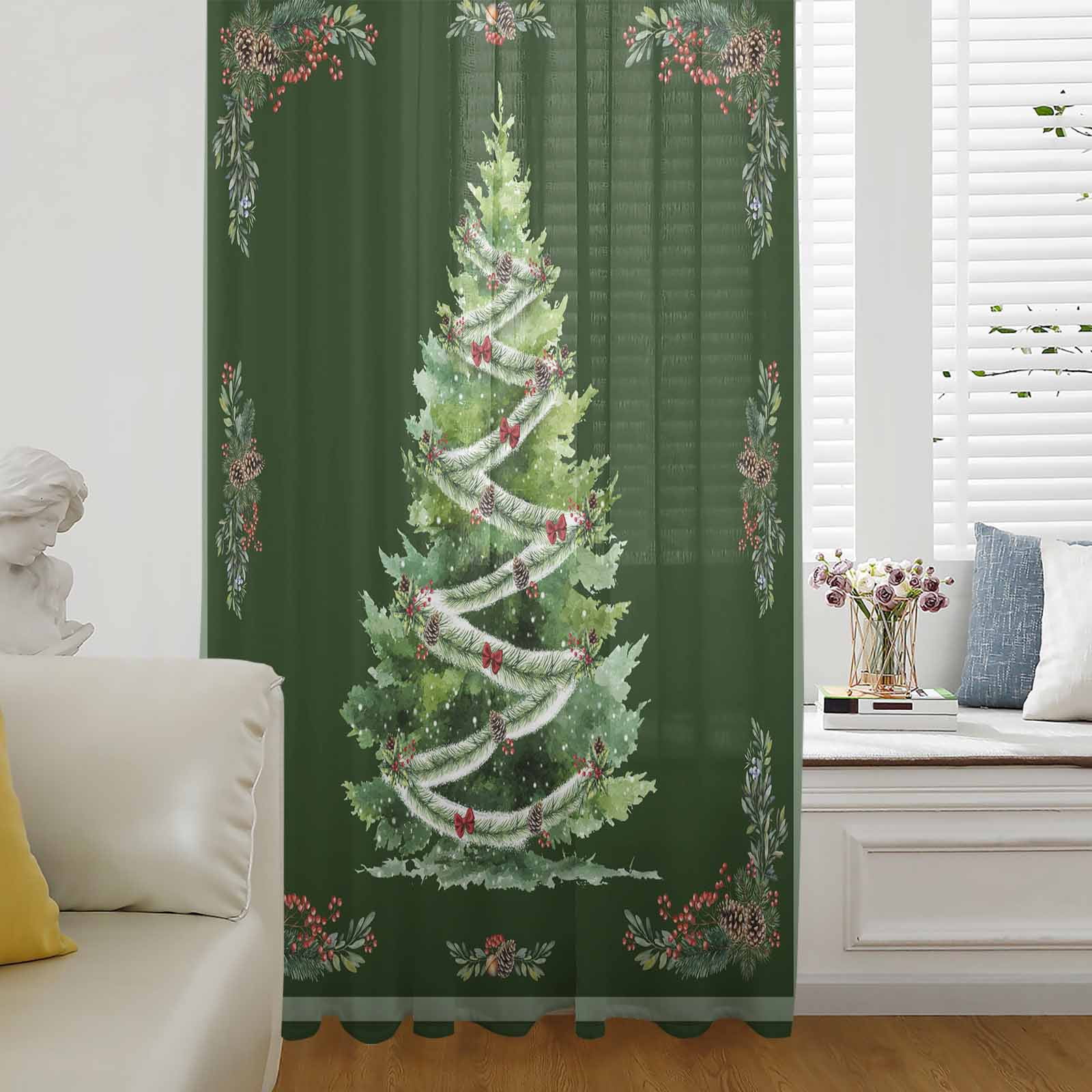 Green Christmas Tree Semi Sheer Curtains Drapes for Living Room ...