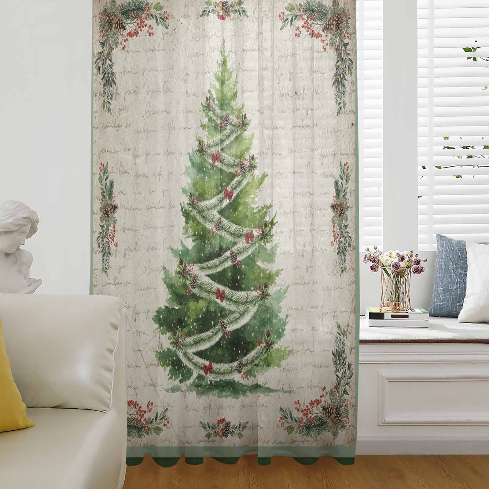 Green Christmas Tree Semi Sheer Curtains Drapes for Living Room ...
