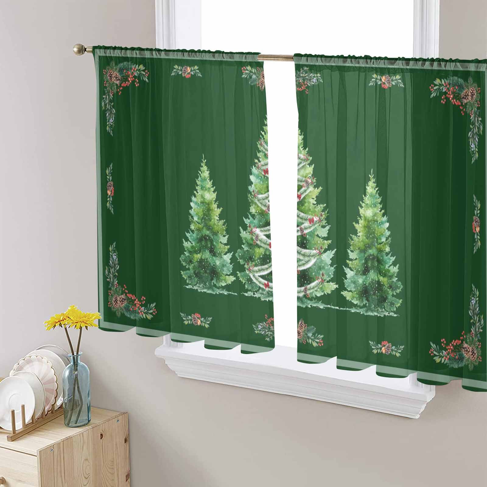 Green Christmas Tree Sheer Curtains 45 Inch Length 2 Panels Set, Semi ...
