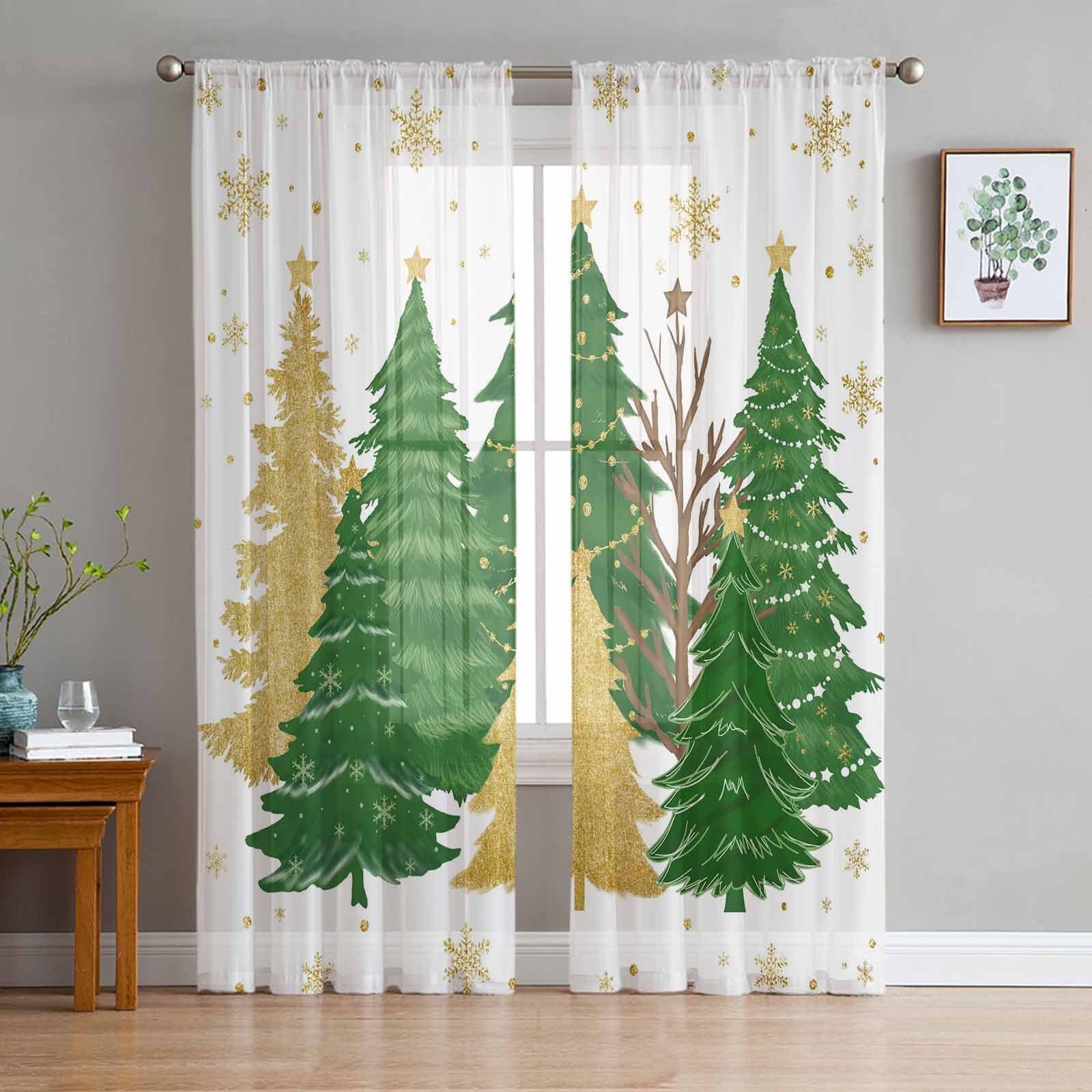 Green Christmas Tree Sheer Curtains 63 Inches Long, Golden Xmas Tree ...