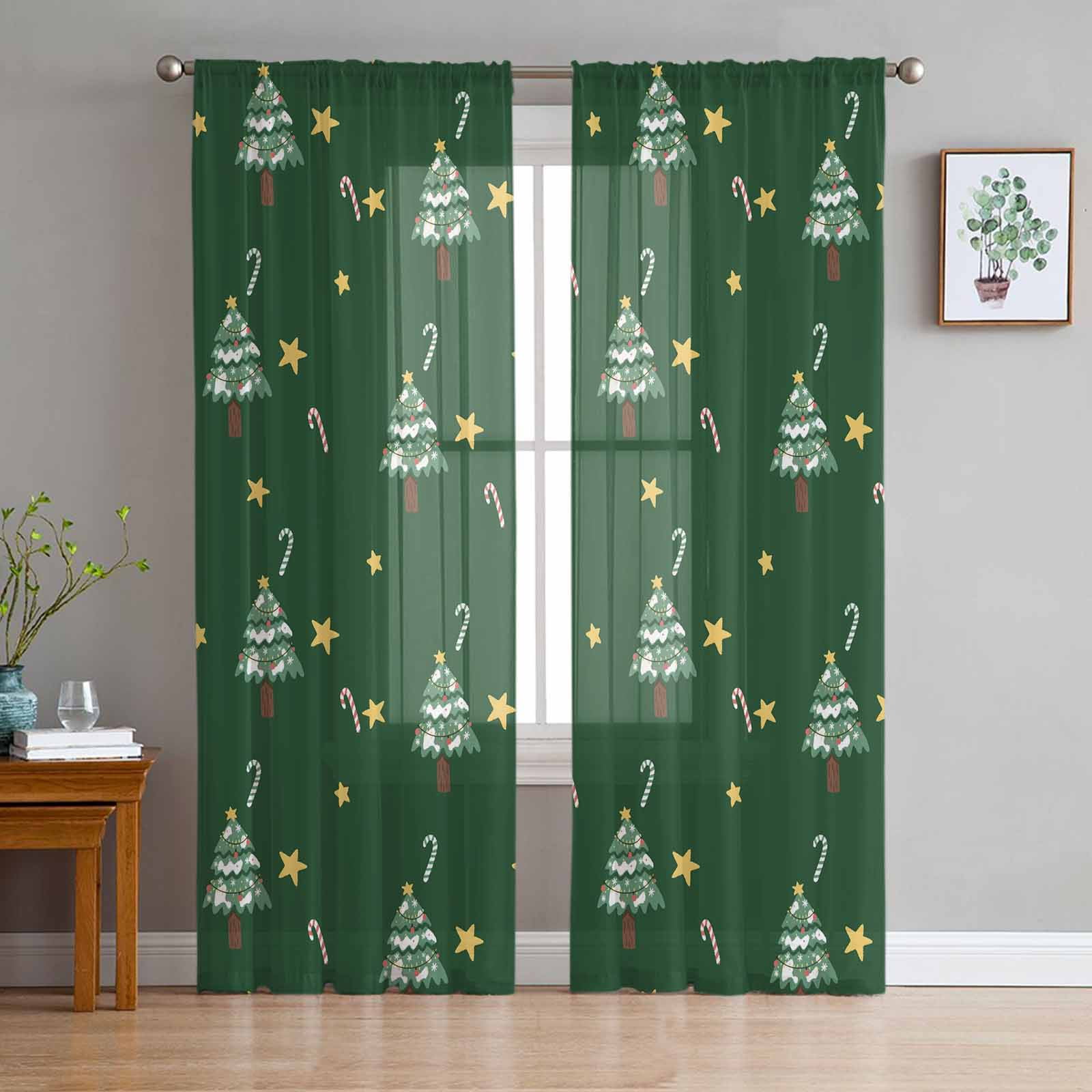 Green Christmas Tree Sheer Curtains 96 Inches Long, Winter Cane Candy ...