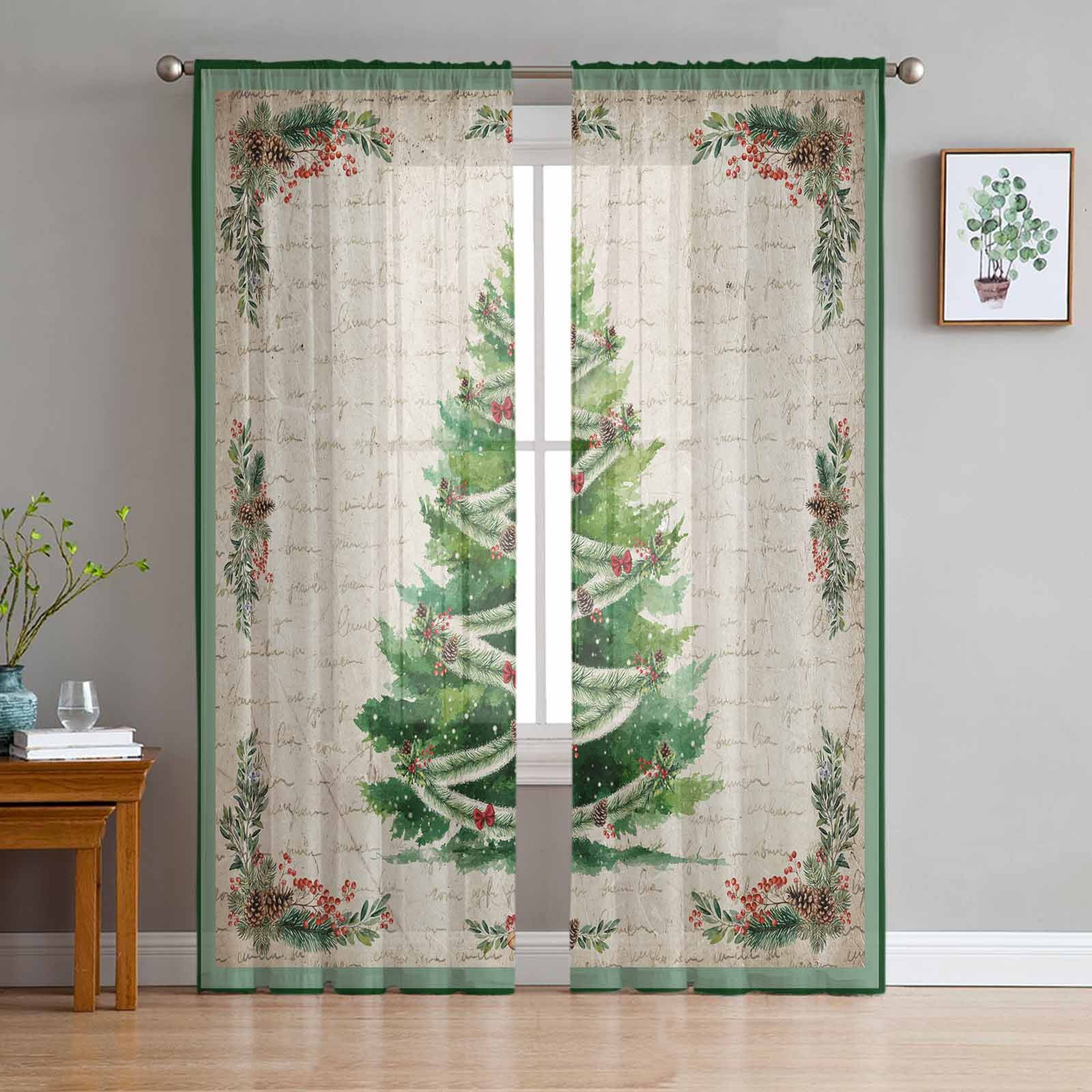 Green Christmas Tree Sheer Curtains 96 Inches Long, Xmas Botanical ...