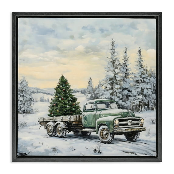 Green Christmas Tree Truck Black Framed Floater Canvas Wall Art, design ...
