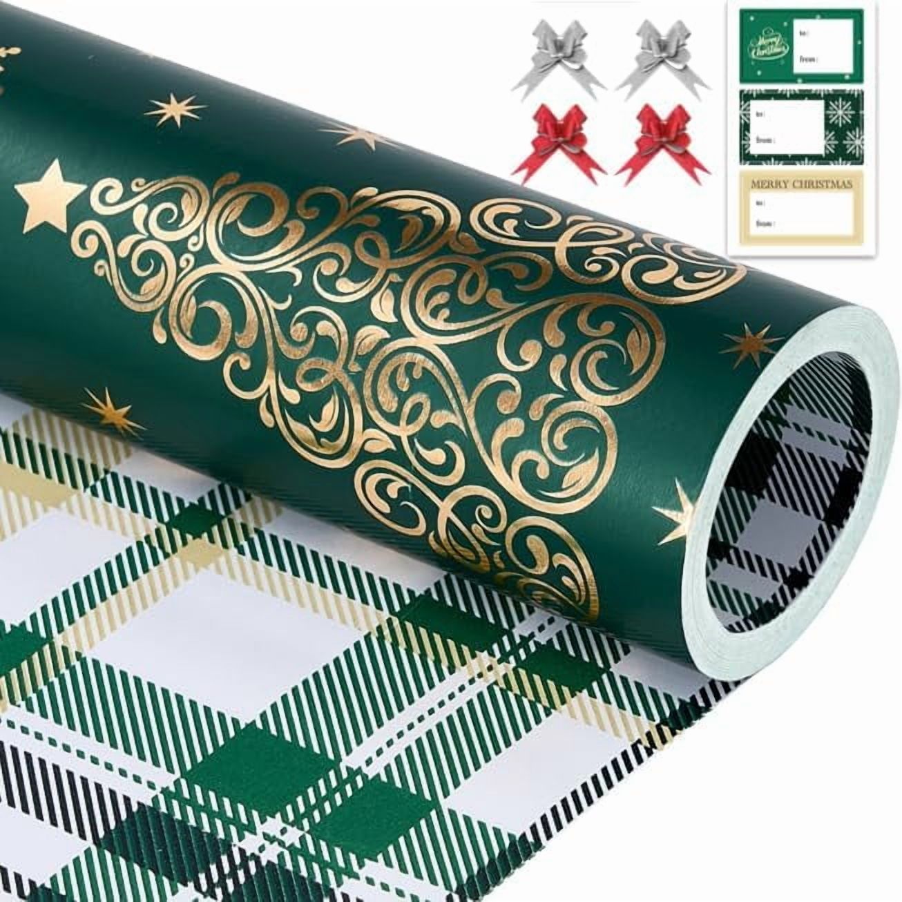 Green Christmas Wrapping Paper Rolls Cute Kids Reversible Tree Thick ...