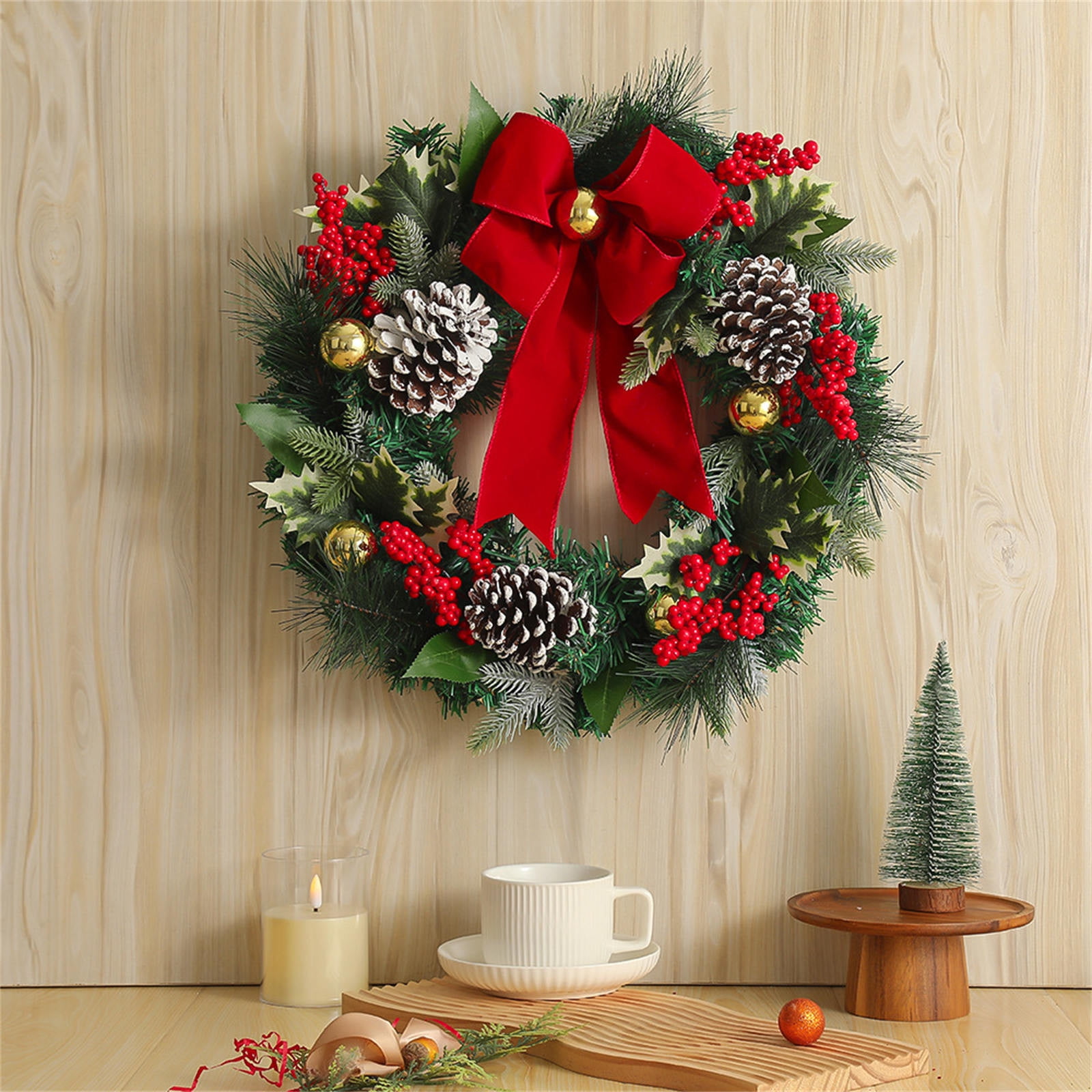 Green Christmas Wreath with Rattan Ribbon Bows Pine Cones | 17.71 Inch ...