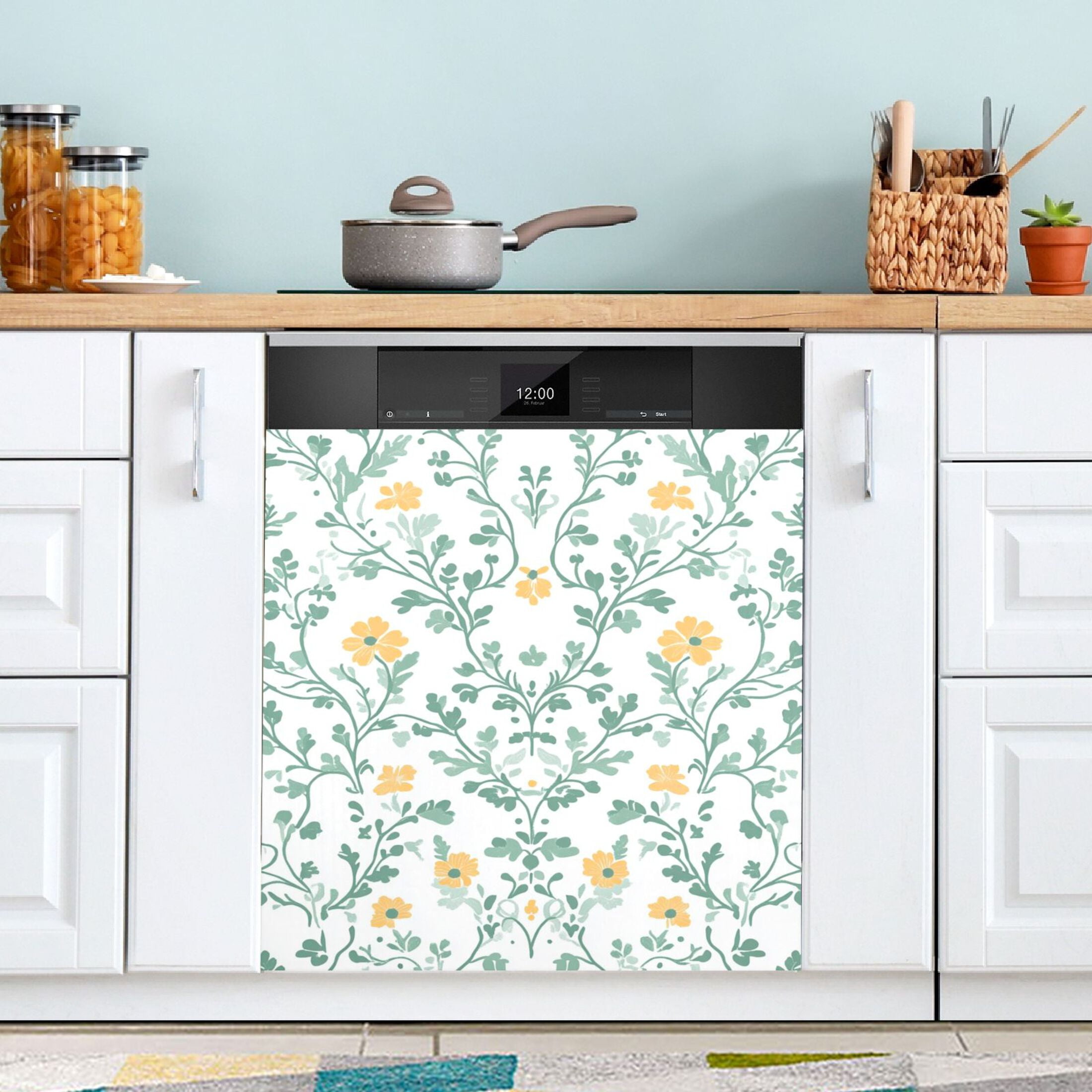 Green Cirrus Leaves Yellow Flowers Dishwasher Magnet Refrigerator ...