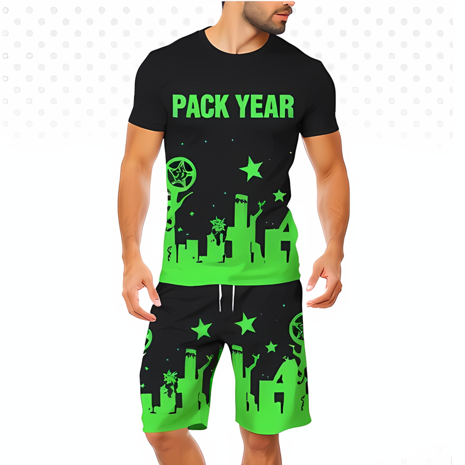 Green Cityscape T-Shirt and Shorts Set - Bold " PACK YEAR " Graphic Futuristic Urban Design ...
