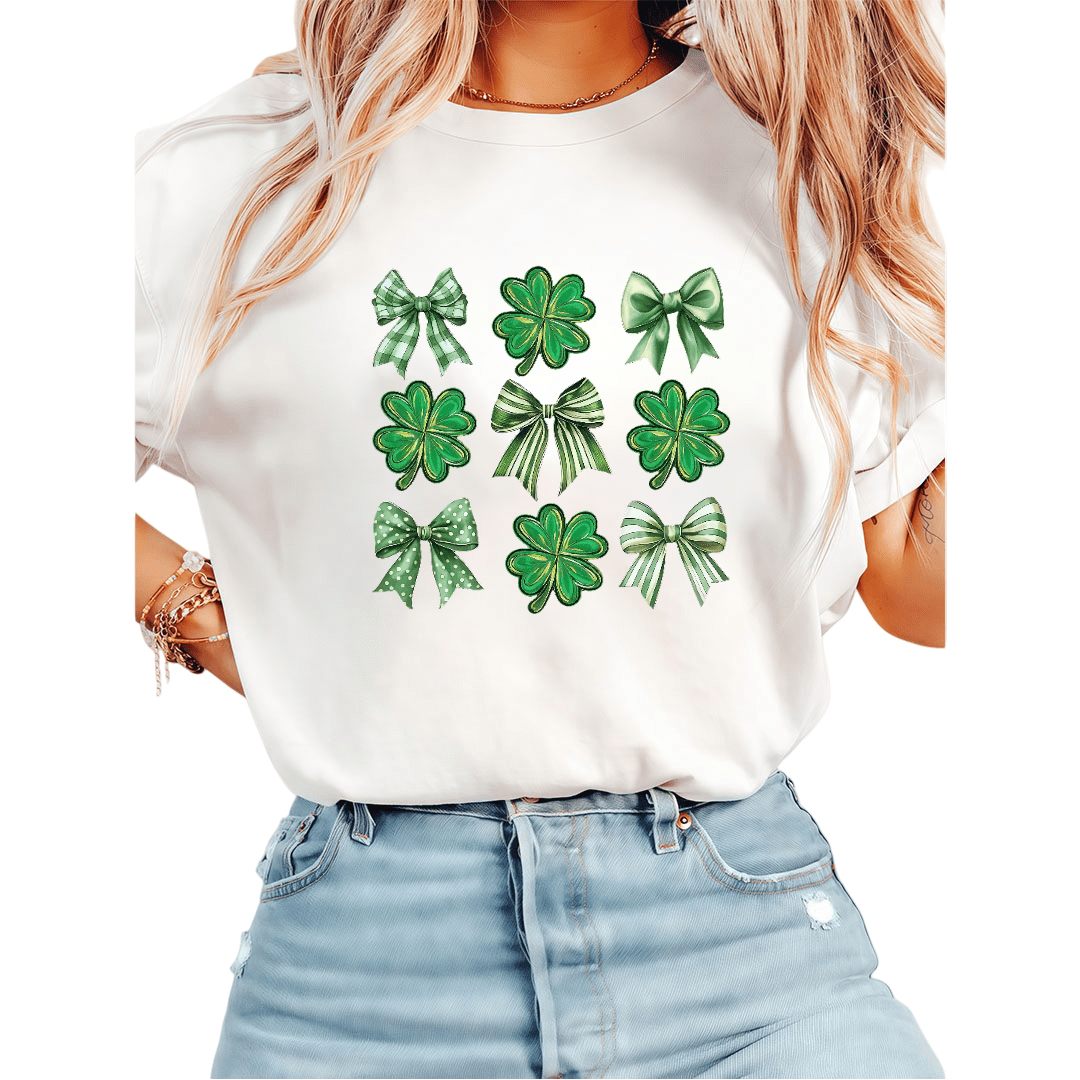 Green Clover Bow Grid Print Tshirt Graphic Tees White Shirts S-5XL ...