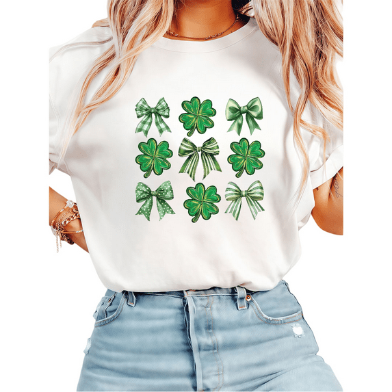 Green Clover Bow Grid Print Tshirt Graphic Tees White Shirts S-5XL ...