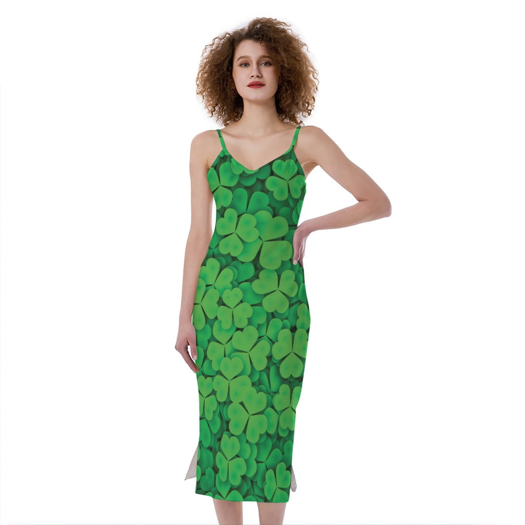 Green Clover St. Patrick'S Day Print Slim Fit Midi Cami Dress, Irish St. Patrick'S Day Fashion ...
