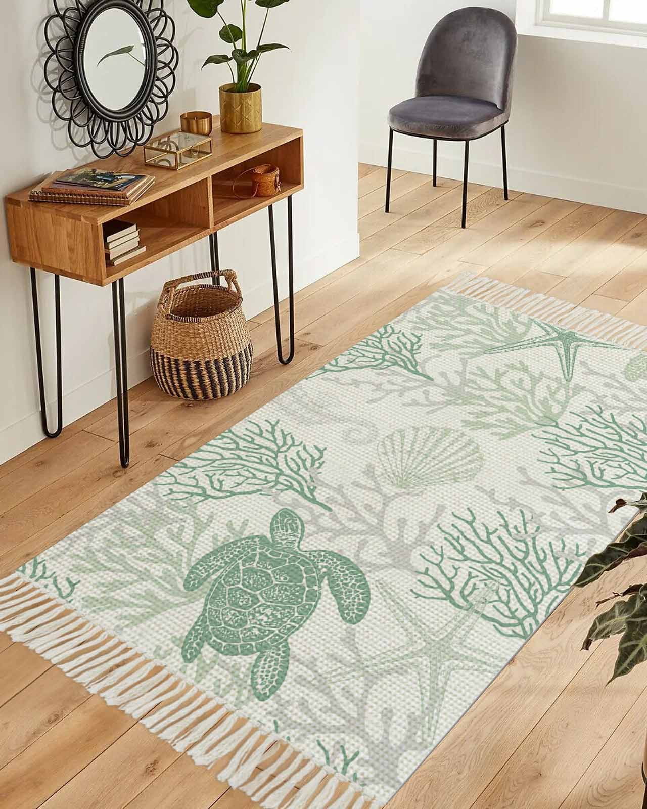 Green Coastal Area Rug 3x5ft Woven Runner Rug,Sea Turtle Nautical Coral ...