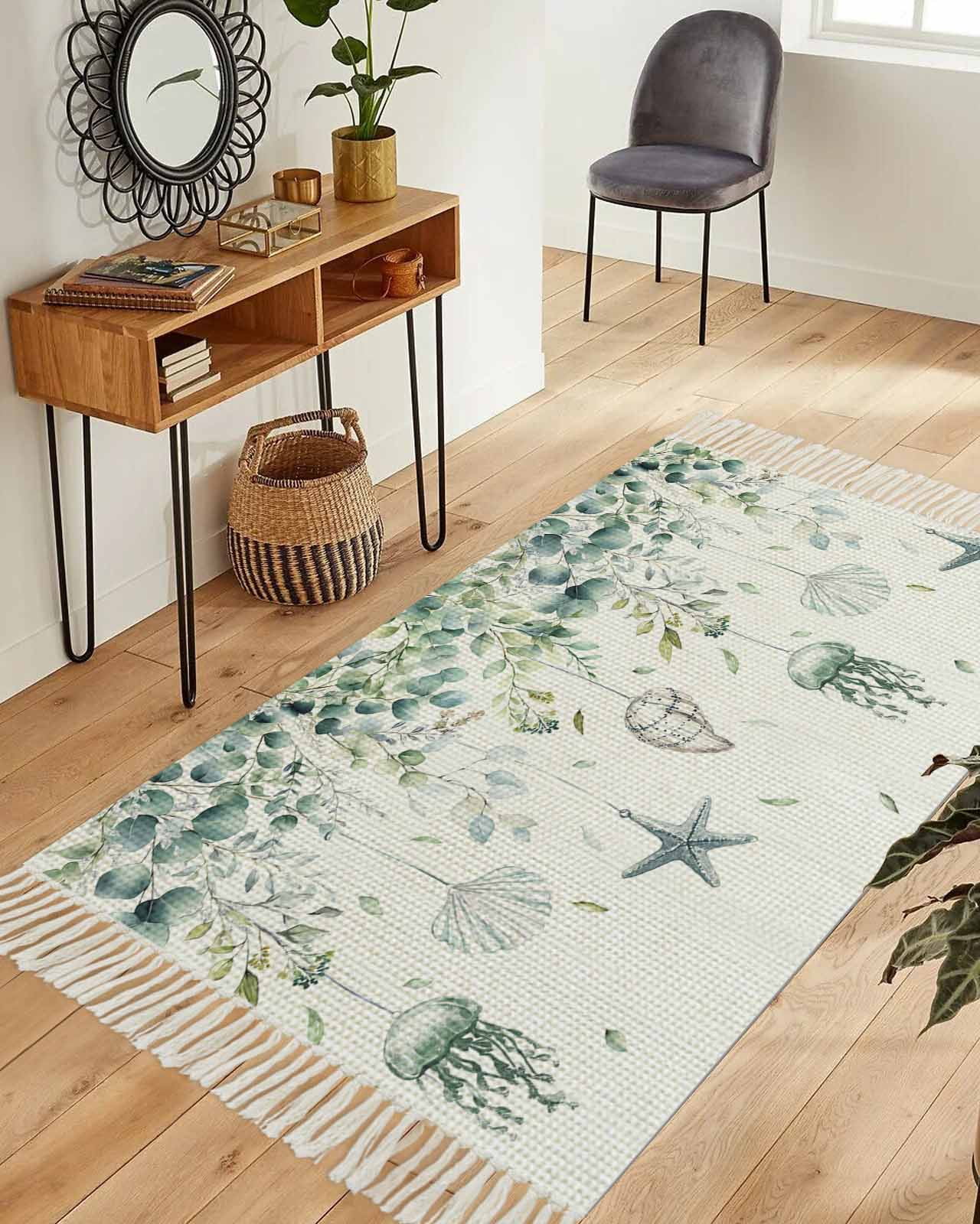 Green Coastal Area Rug 3x5ft Woven Runner Rug,Summer Eucalyptus Leaves ...