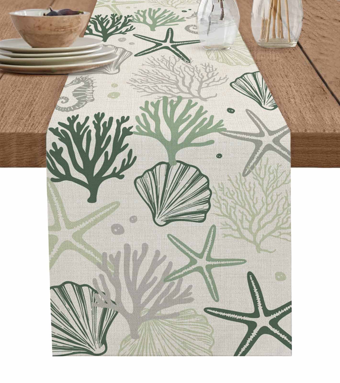 Green Coastal Burlap Cotton Table Runner 13x48 Inches Long, Ocean Coral ...