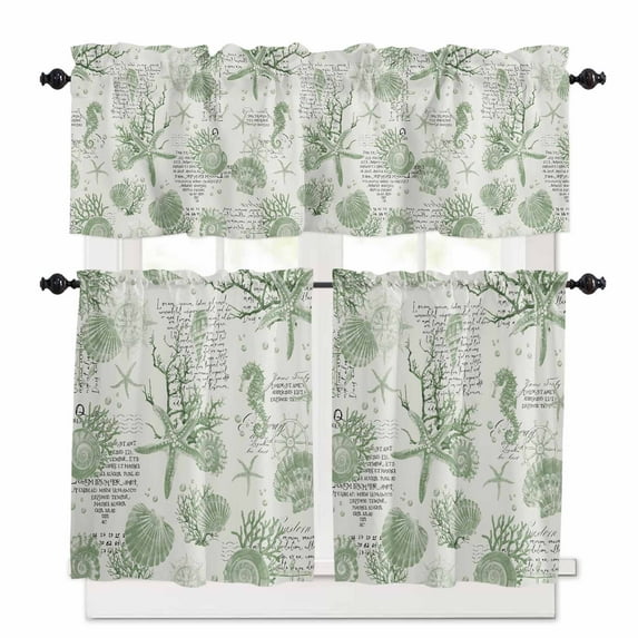 Green Coastal Kitchen Curtains Valance and Tier Set Starfish Shell ...