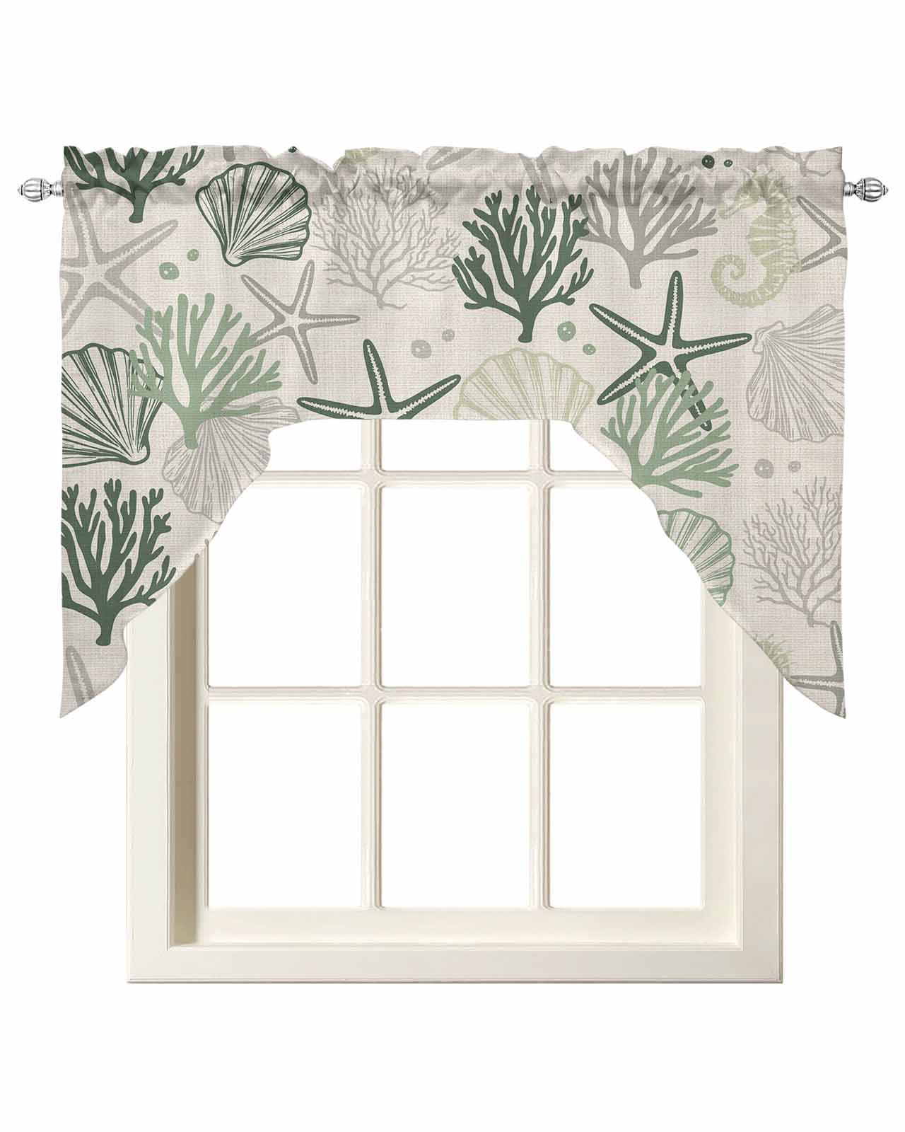 Green Coastal Kitchen Swag Valances for Windows, Ocean Coral Starfish ...