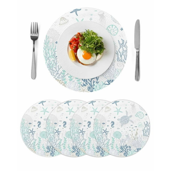 Green Coastal Ocean Round Table Placemats set of 4, Coral Sea Lifes ...