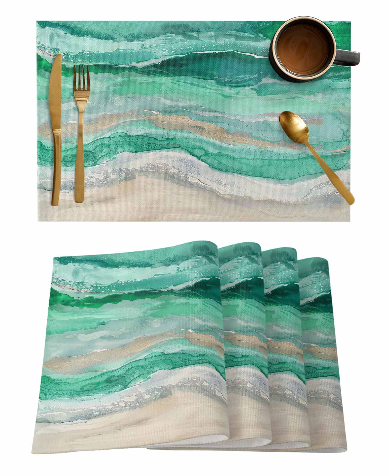 Green Coastal Placemats Set of 6, Summer Beach Nautical Abstract Art ...