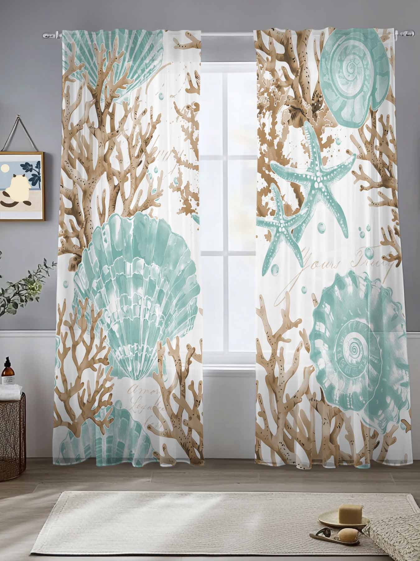 Green Coastal Seashells Sheer Curtains for Living Room Bedroom Nautical ...