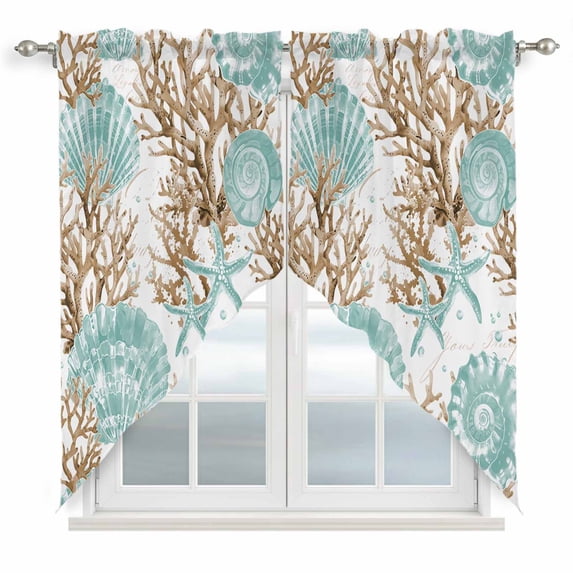 Green Coastal Seashells Swag Curtains Nautical Brown Coral Starfish ...
