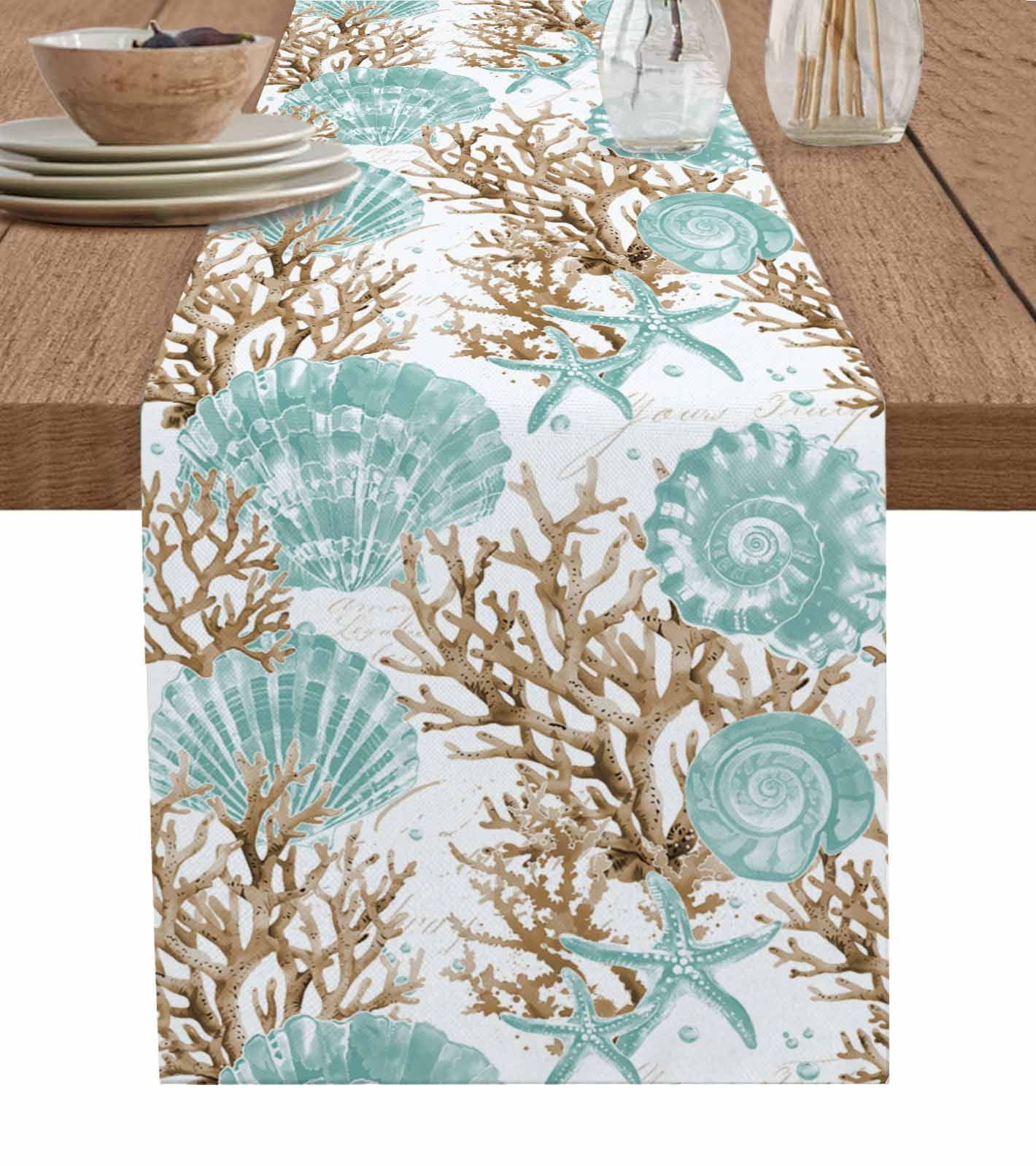 Green Coastal Seashells Table Runner 72 Inches, Nautical Brown Coral ...
