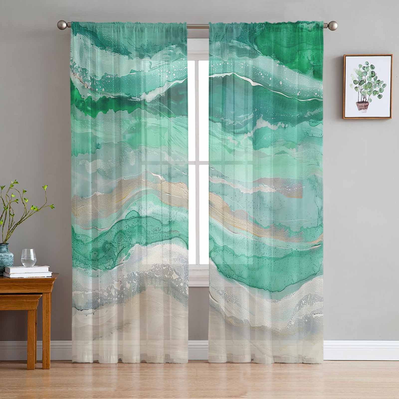 Green Coastal Semi Sheer Curtains 72 Inch Length 2 Panels Set, Summer ...