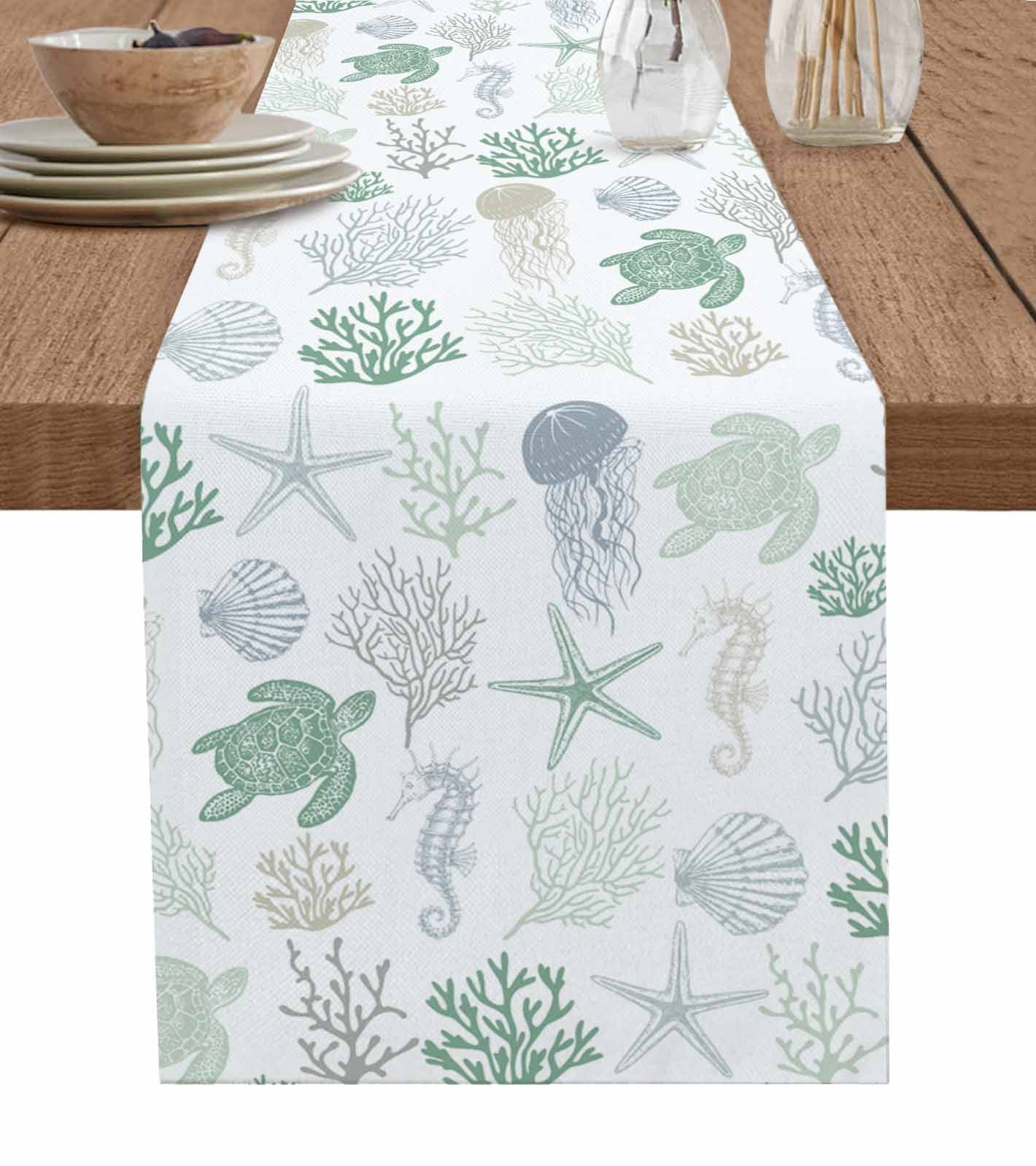 Green Coastal Table Runner Nautical Summer Beach Coral Sea Turtle ...