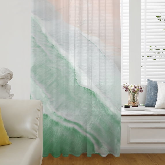 Green Coastal Wave Sheer Curtains 54 Inch Length, Light Filtering Voile ...
