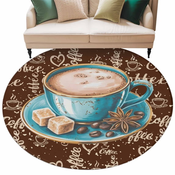 Green Coffee Cup Beans Round Area Rug 5ft Sugar Vintage Dark Brown Non ...
