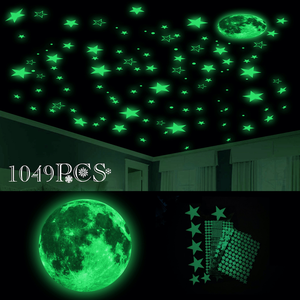 Green Color Luminous Stars Moon Wall 3D Glow in the Dark Stickers Pack ...