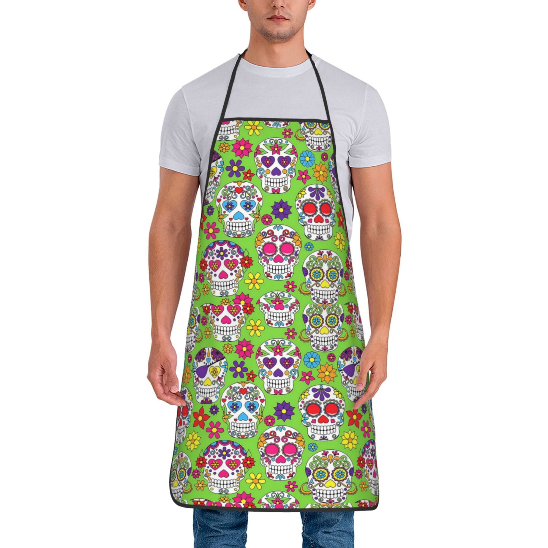 Green Colorful Sugar Skull Aprons for Women Men Waterproof Apron ...