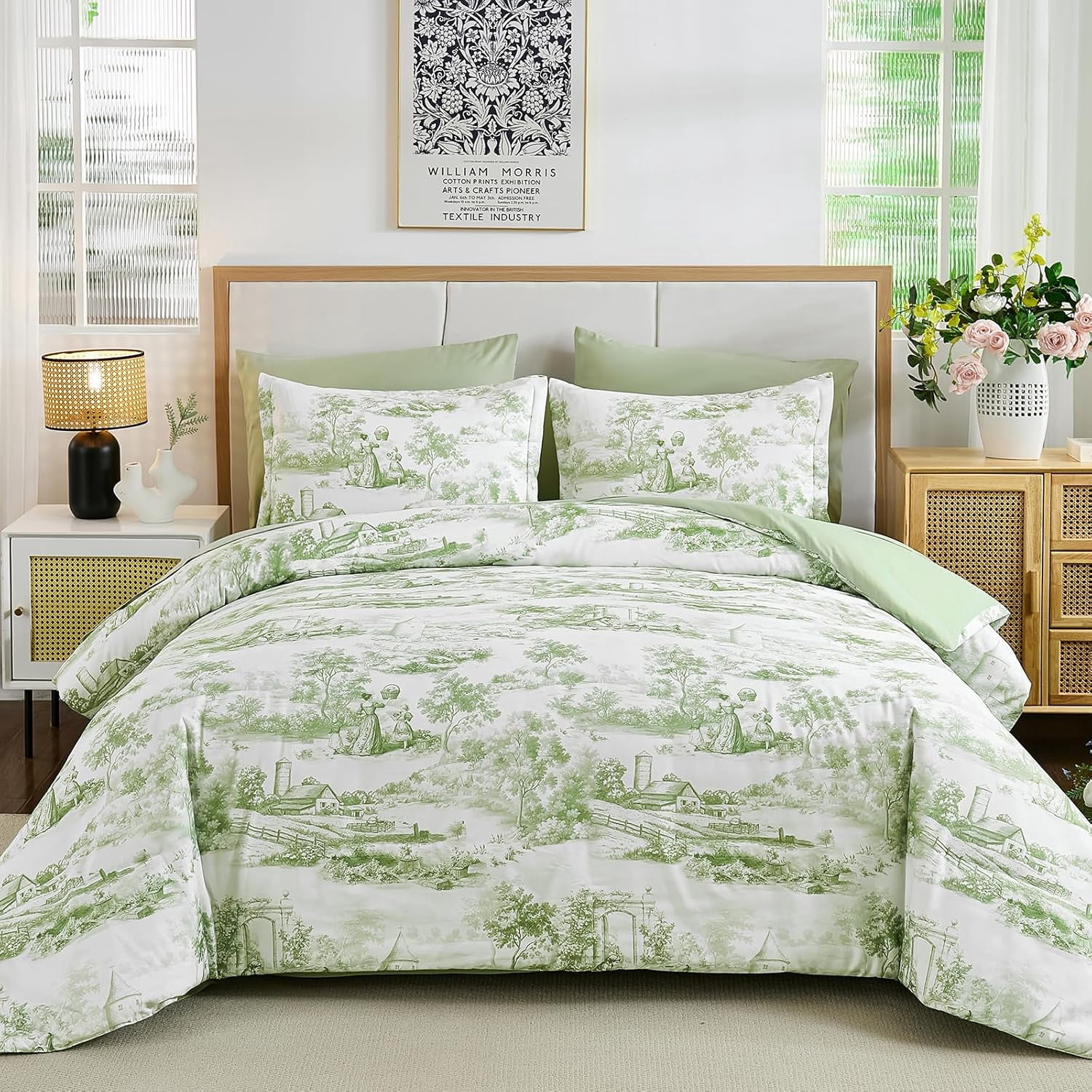 Green Comforter Set Full Size 7 count, Elegant Toile Botanical Bed in a ...