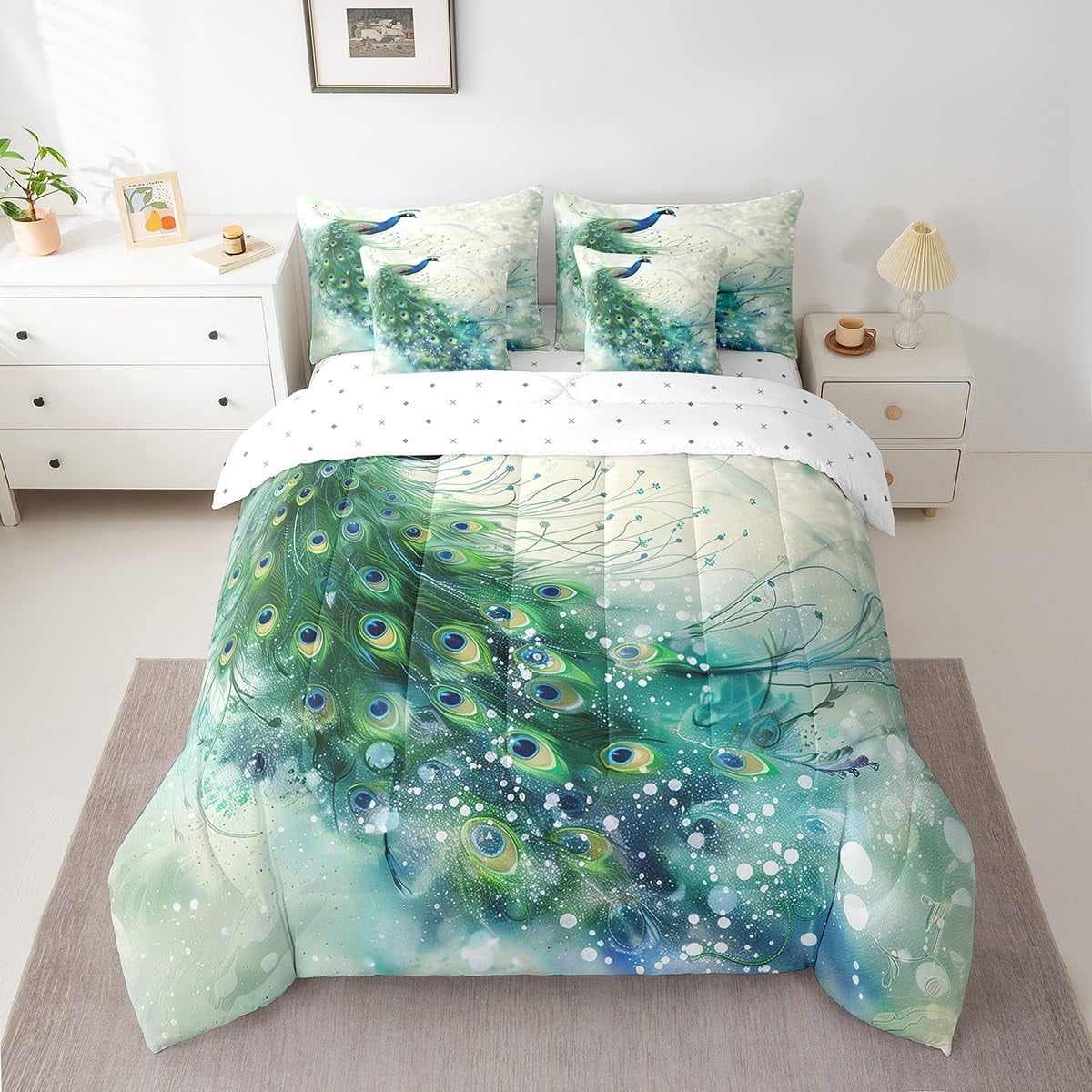 Green Comforter Set Peacock Bed Sheet Boho Birds Animals Bedding Sets ...