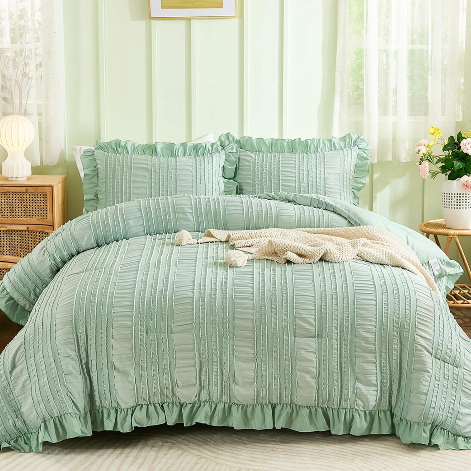 Green Comforter Set Queen,3 Pieces Ruffle Farmhouse Shabby Chic ...