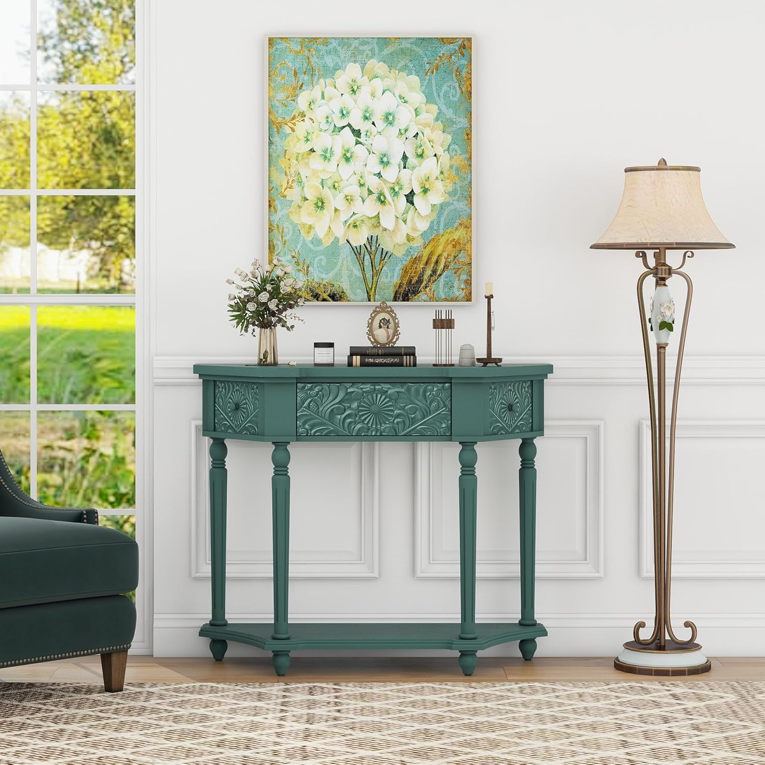 Green Console Table with Drawer, Entryway Table with Embossed Pattern ...