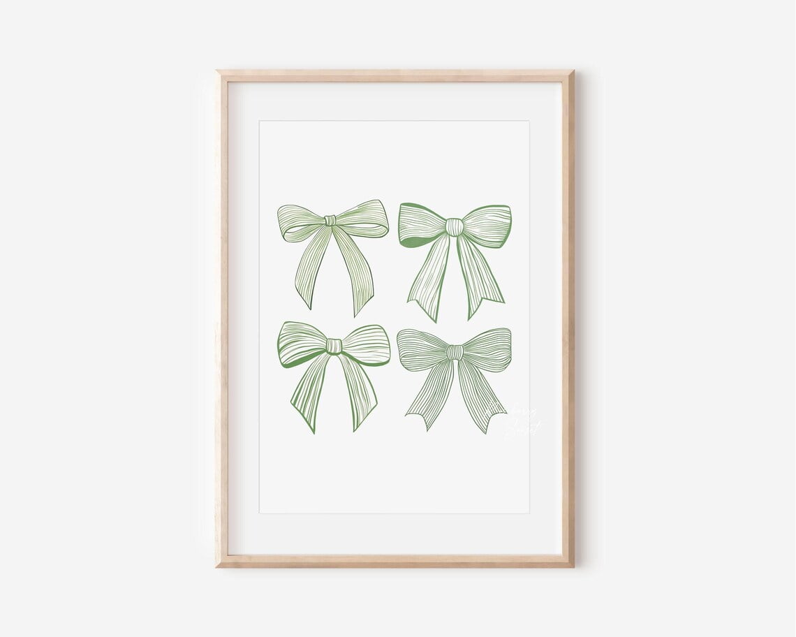 Green Coquette Bows Art Print, Coquette Room Green Bow Grandmillennial ...