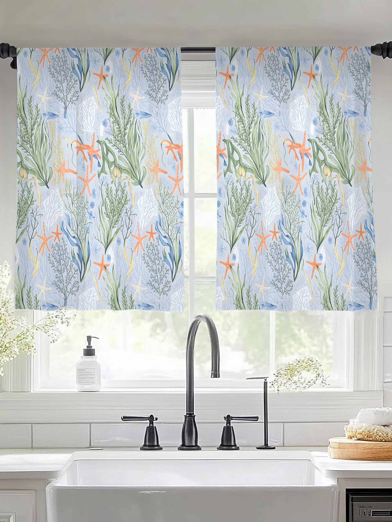 Green Coral Ocean Sheer Curtains for Living Room Bedroom Summer Shell ...
