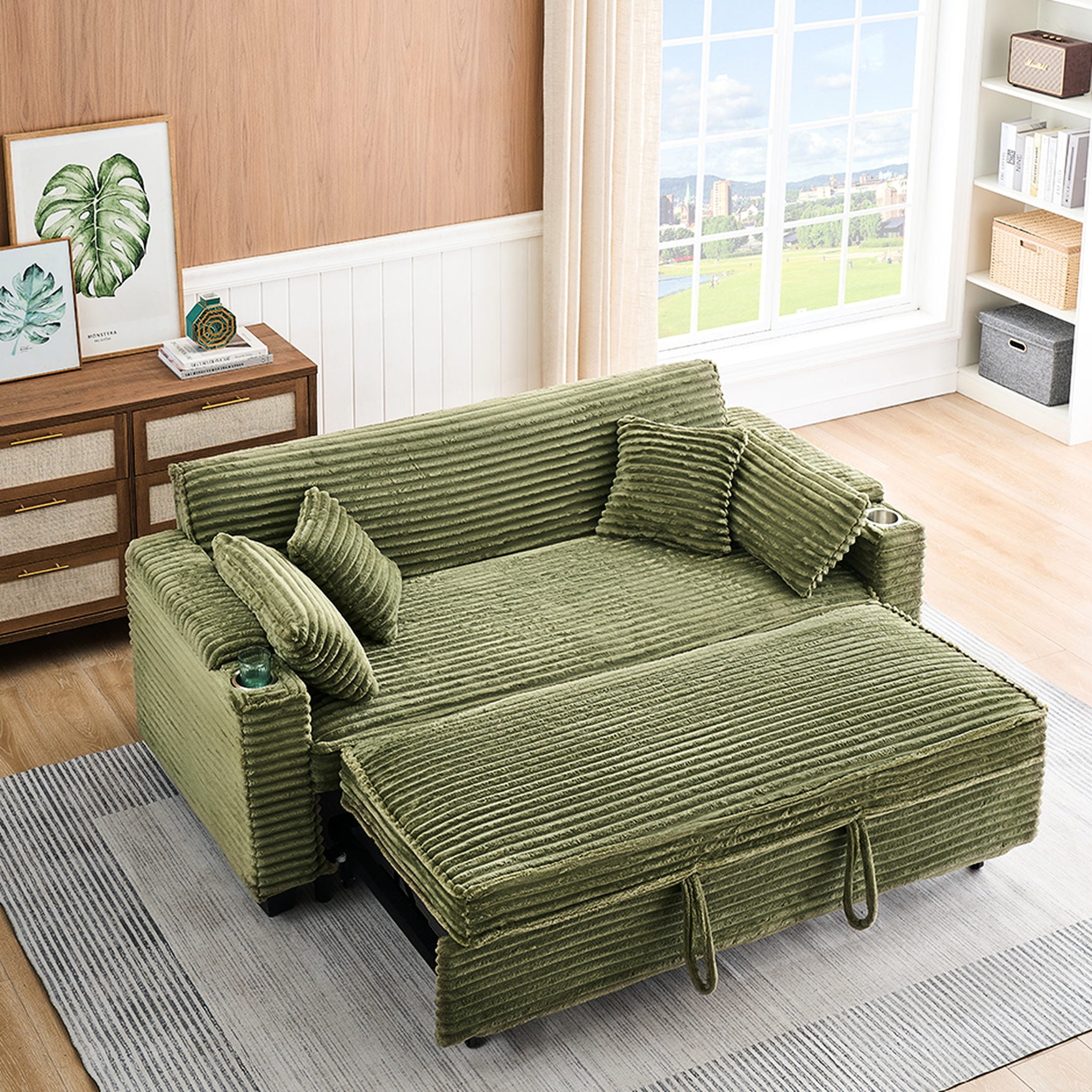 Green Corduroy 80 - inch - Sofa Bed with Cup Holder - In Small Living ...