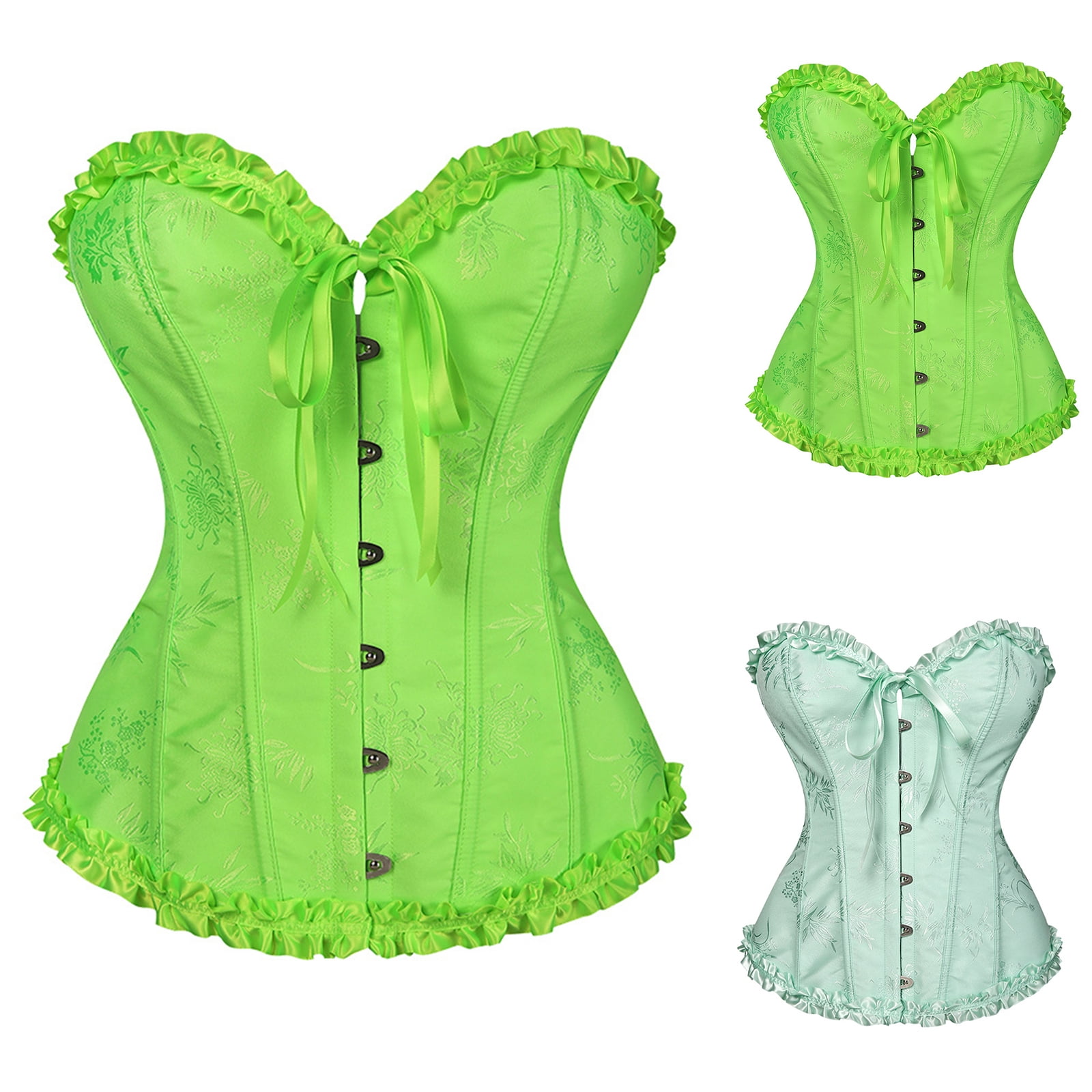 Green Corset Top for Women, Corset Satin Floral Lace Up Boned Overbust ...