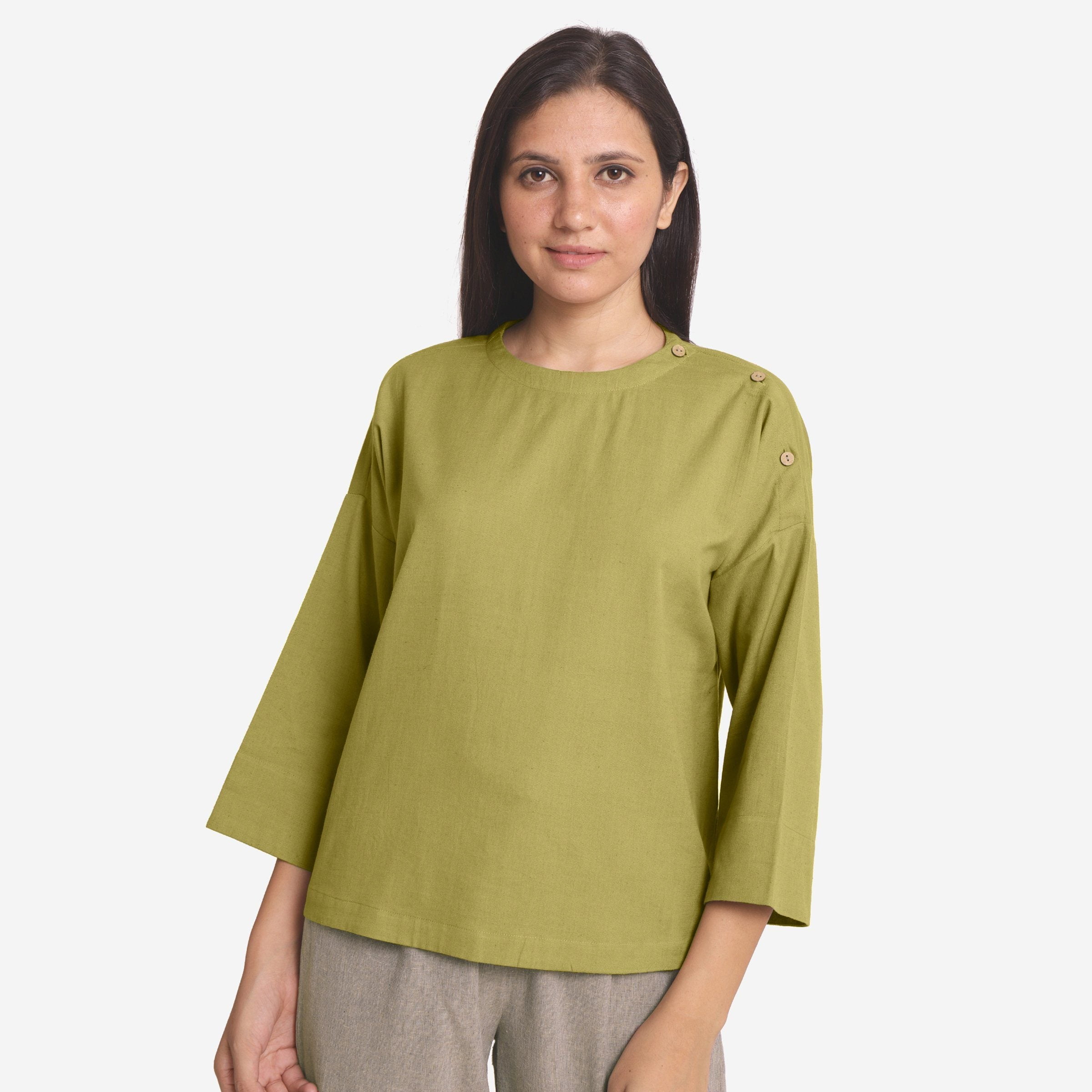 Green Cotton Flax Loose Fit A-Line Round Neck Top - Walmart.com