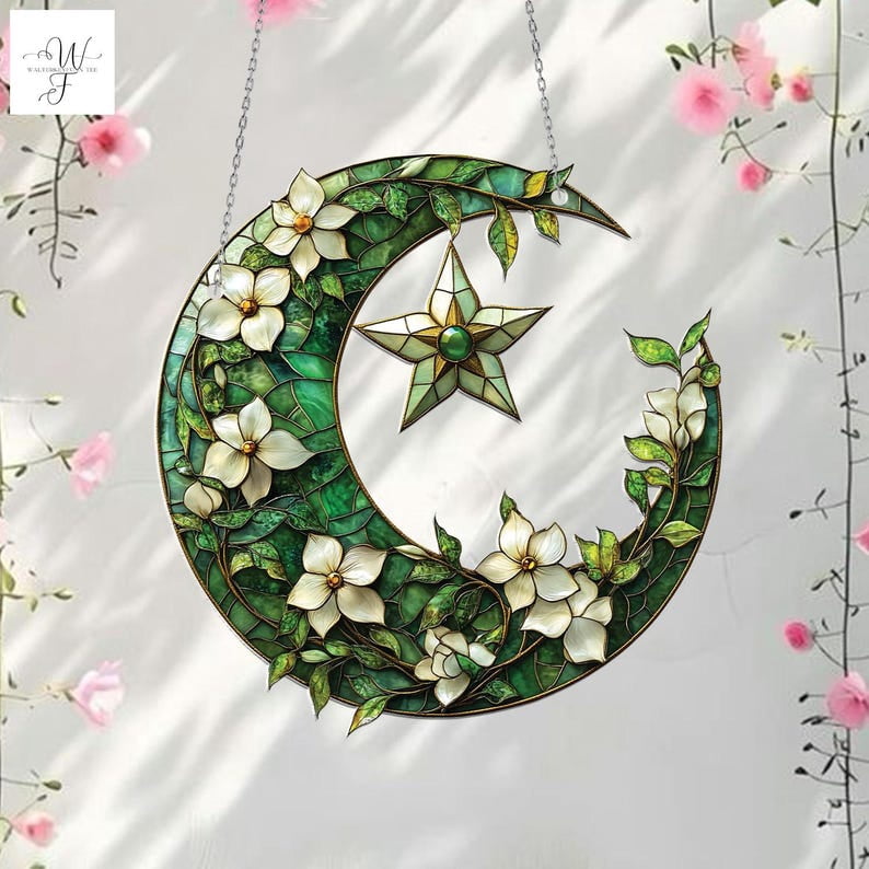 Green Crescent Moon with Star and Flowers Acrylic Window Hanging ...