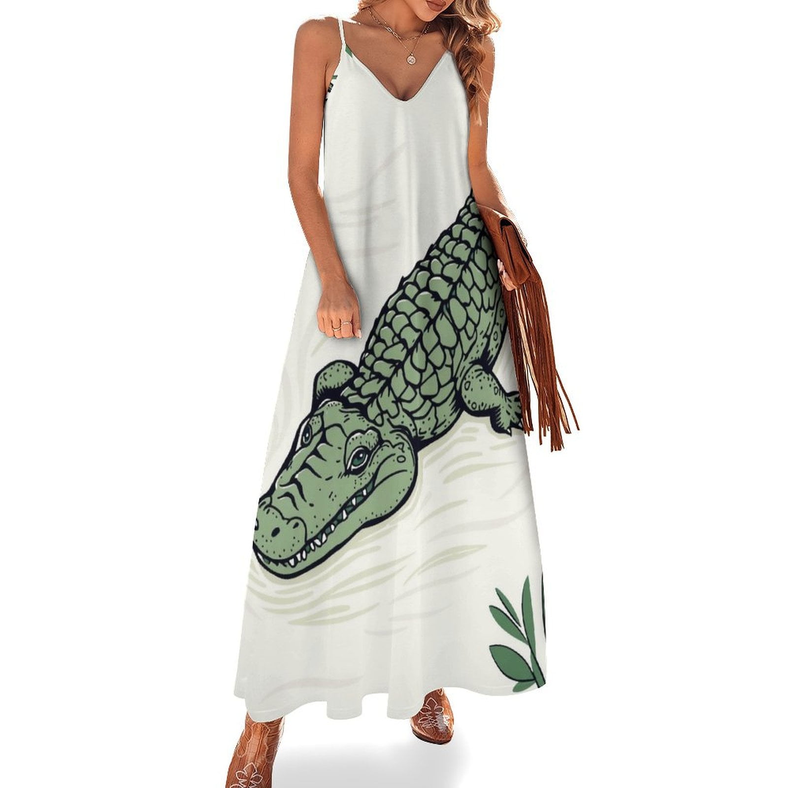 Green Crocodile Swimming Happily Sleeveless Dress Beach Outfits for Women Luxury Dress Dress ...