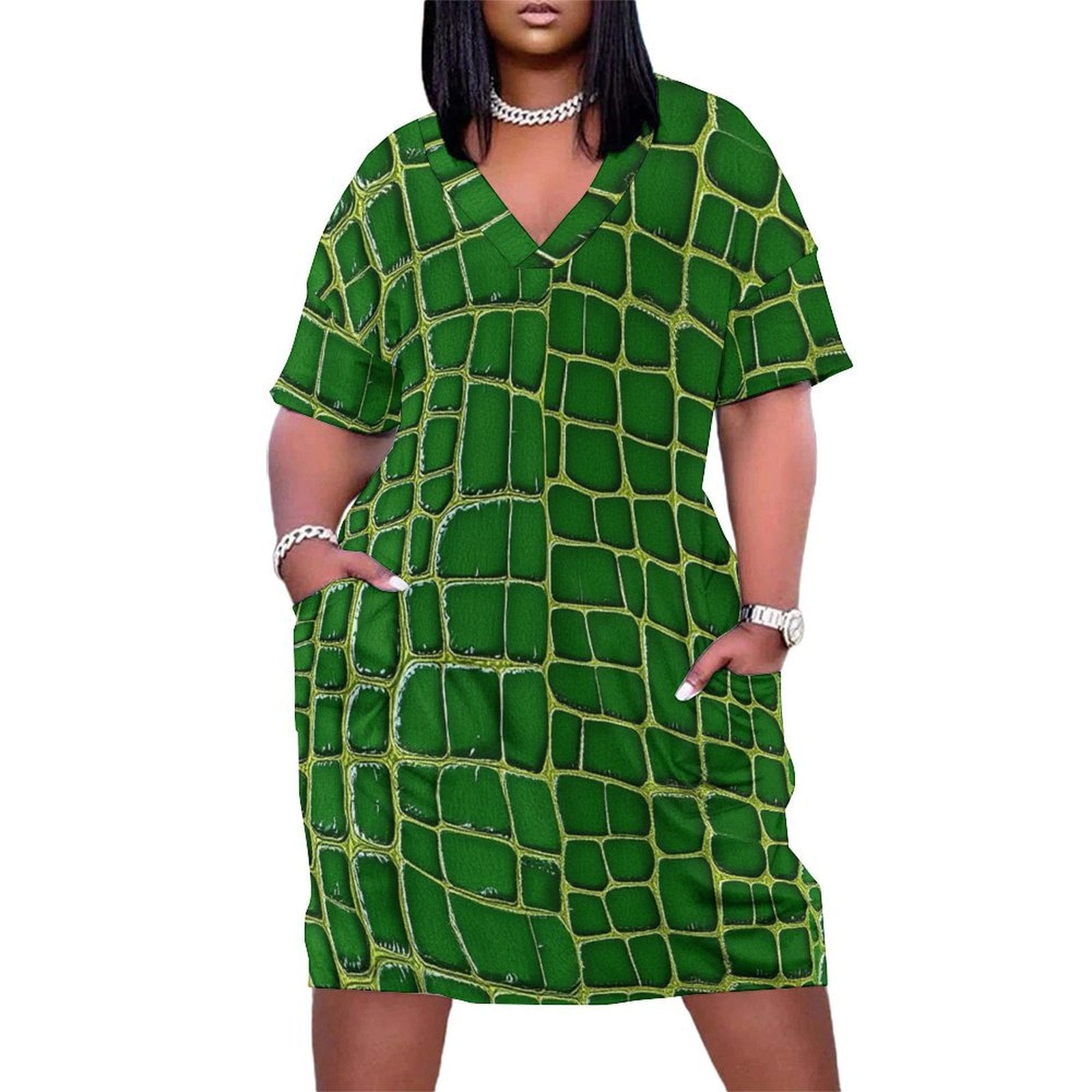 Green Crocodile Texture Loose Pocket Dress Party Dresses for Women ...