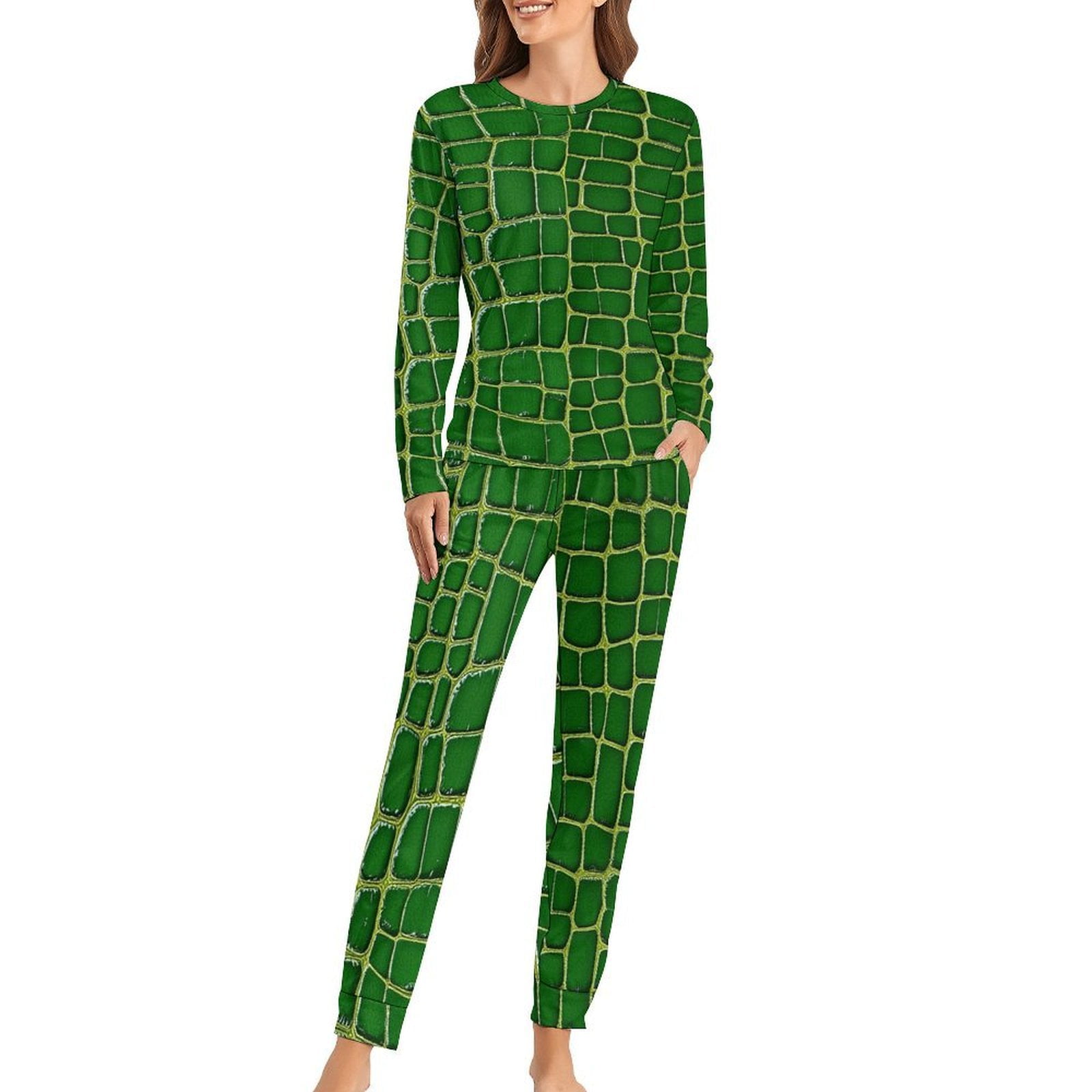 Green Crocodile Texture Pajamas Woman Long Sleeves Cute Pajama Sets Two ...