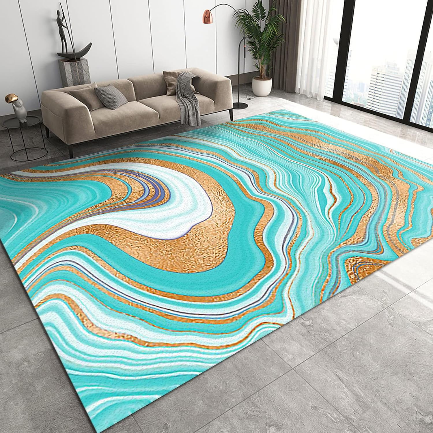 Green Curved Line Strip Rug, 3D Oil Painting Art Area Carpet, Mat Easy ...