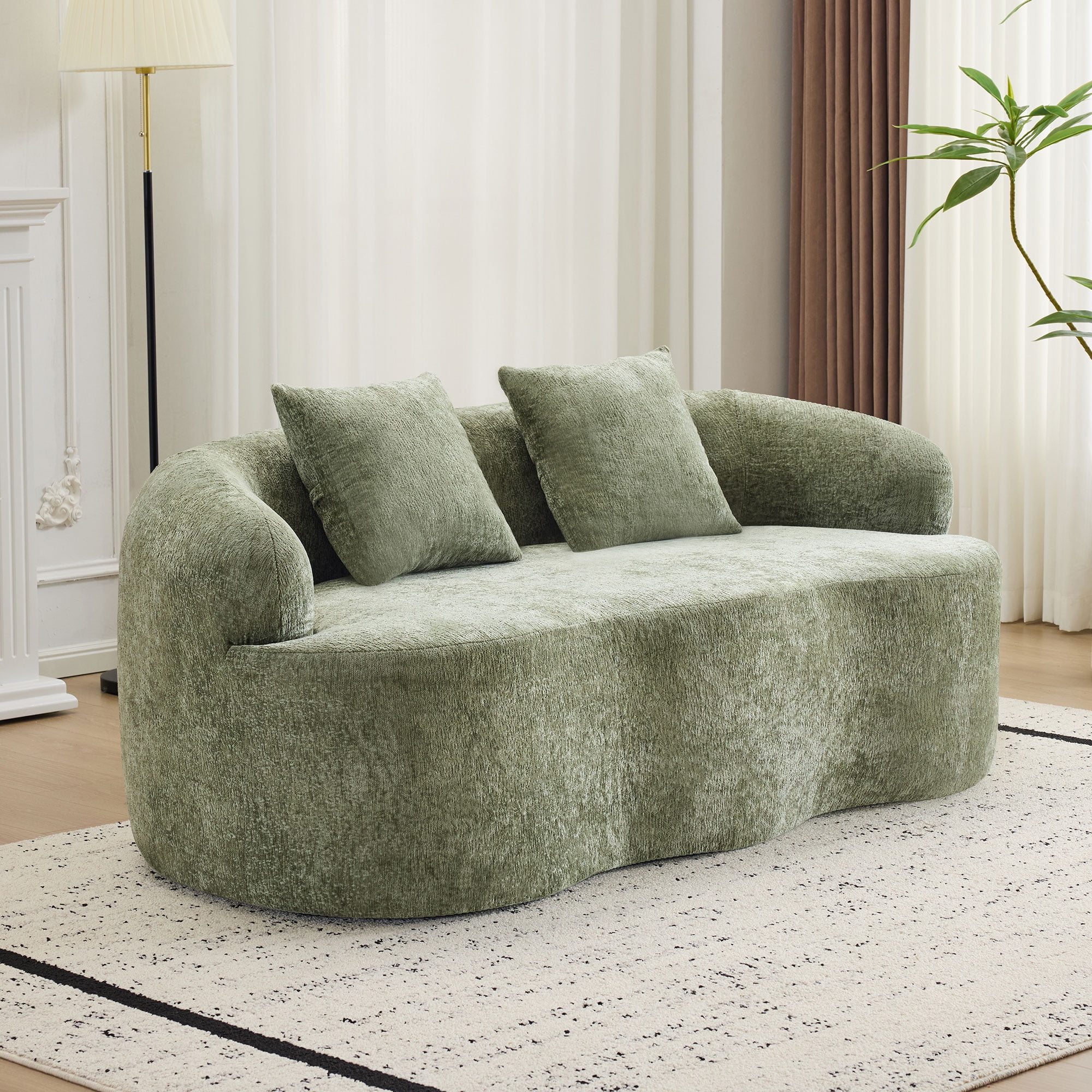 Green Curved Loveseat Sofa with Round Armrest, Teddy Velvet Fabric ...