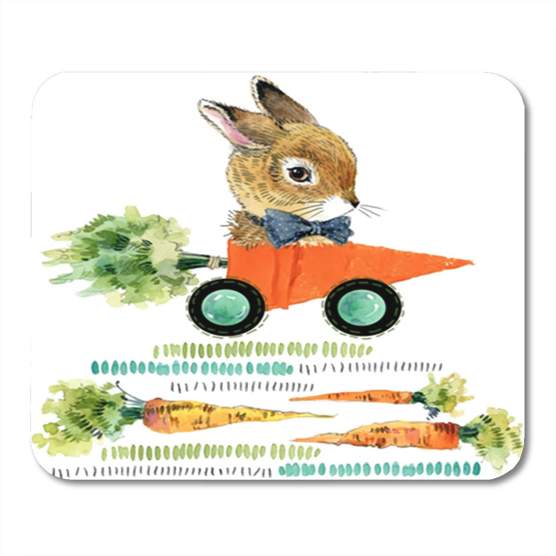 Green Cute Bunny Wild Rabbit Watercolor Carrot Cartoon Car Mousepad ...